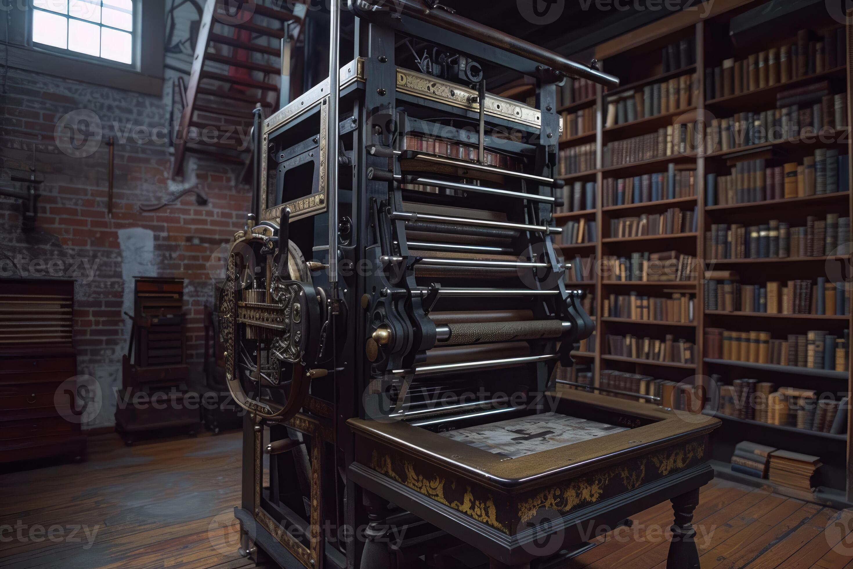 Antique printing press standing in a workshop with a wall of books 47911234 Stock Photo at Vecteezy
