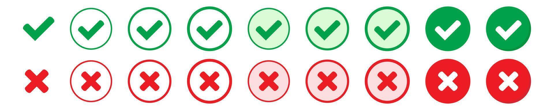 Right or wrong icons. Green tick and red cross checkmarks. Yes or no symbol, approved or ...