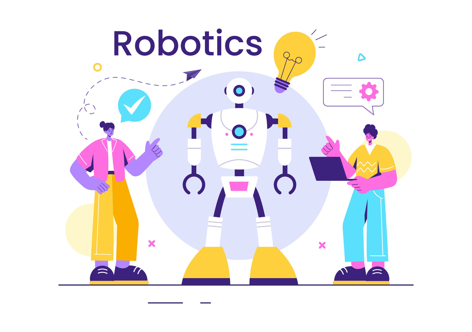 Robotics Vector Illustration Of Artificial Intelligence Robots Communicating With Technology And