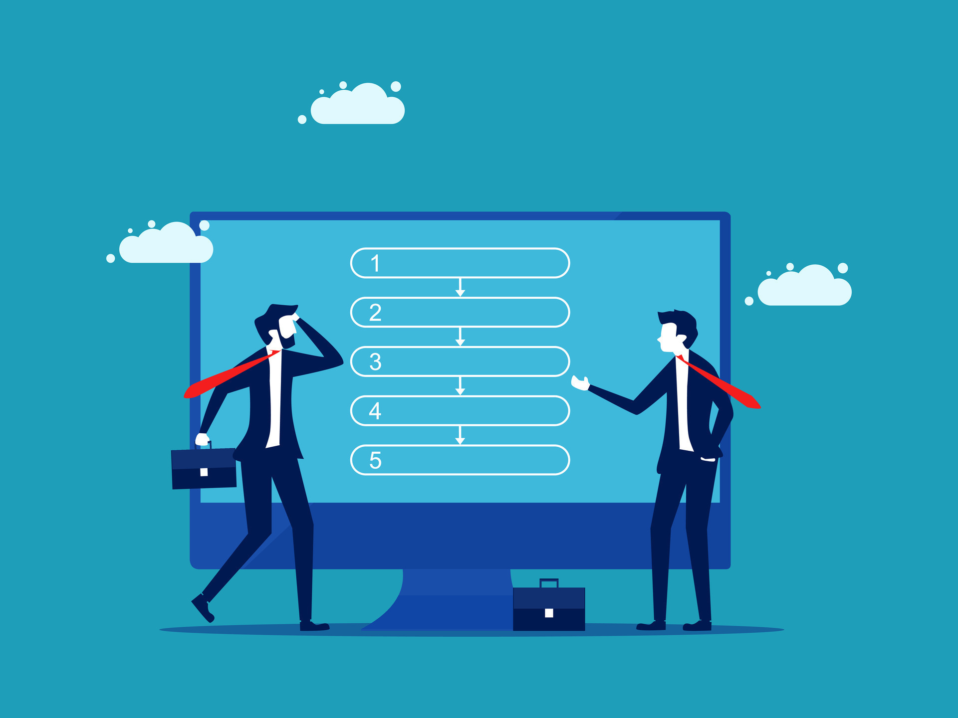 businessman and woman in front of a computer screen with a list of ...