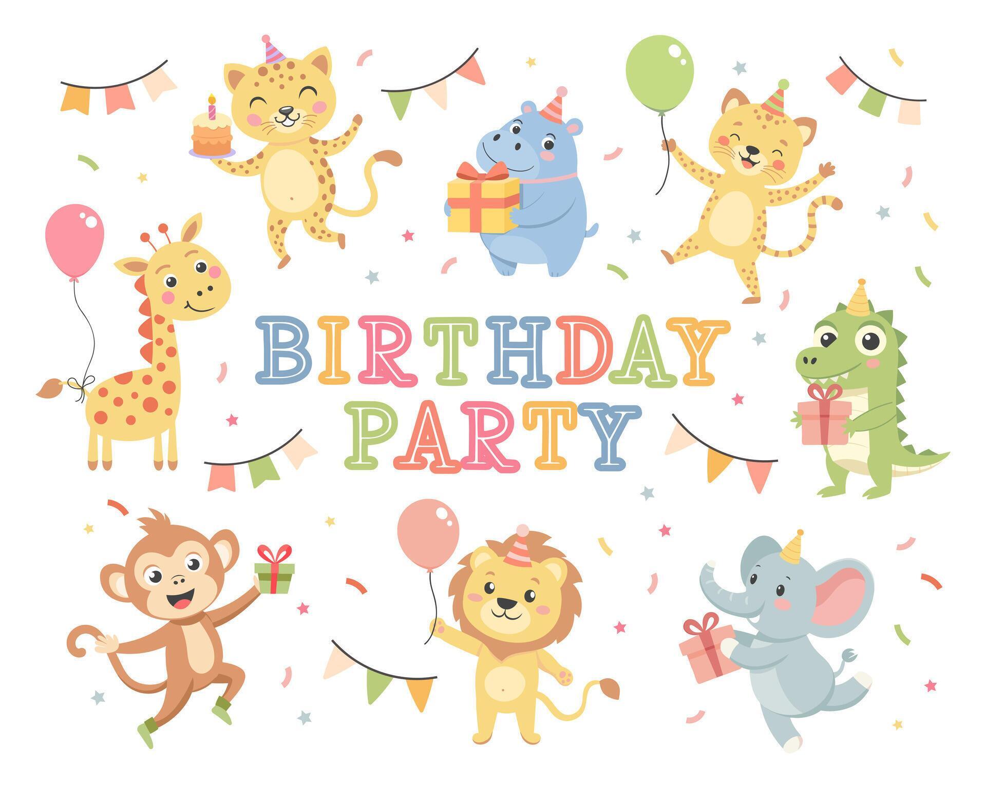 Childrens set with cute animals. Happy birthday party, baby animals in ...