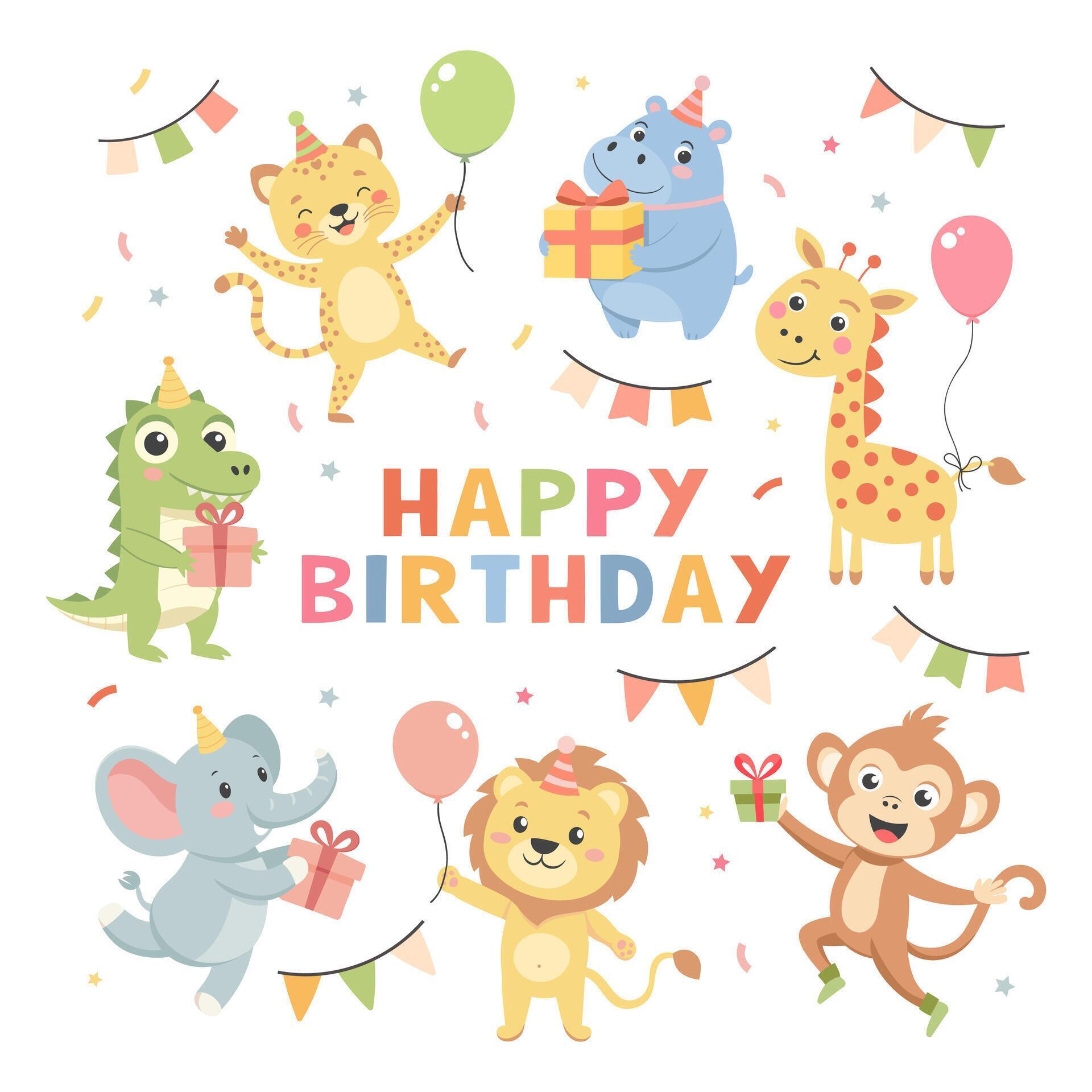 Childrens set with cute animals. Happy birthday party, baby animals in ...