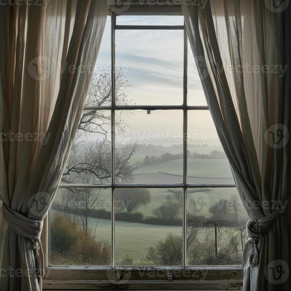 Countryside View Through Window With Curtains 47999576 Stock Photo at ...