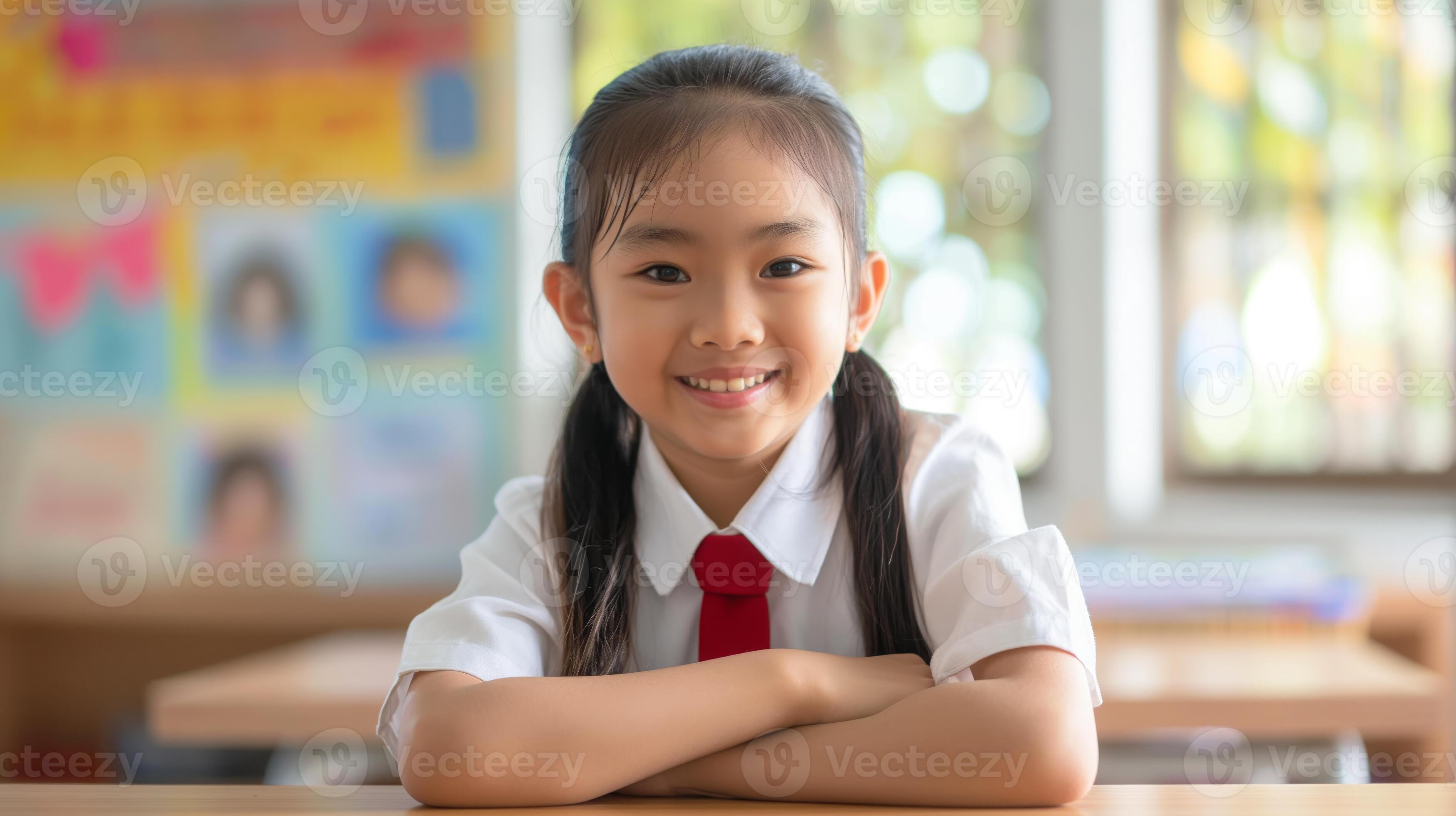 Smiling Southeast Asian Elementary School Girl in Uniform in a Bright Classroom 48000855 Stock ...
