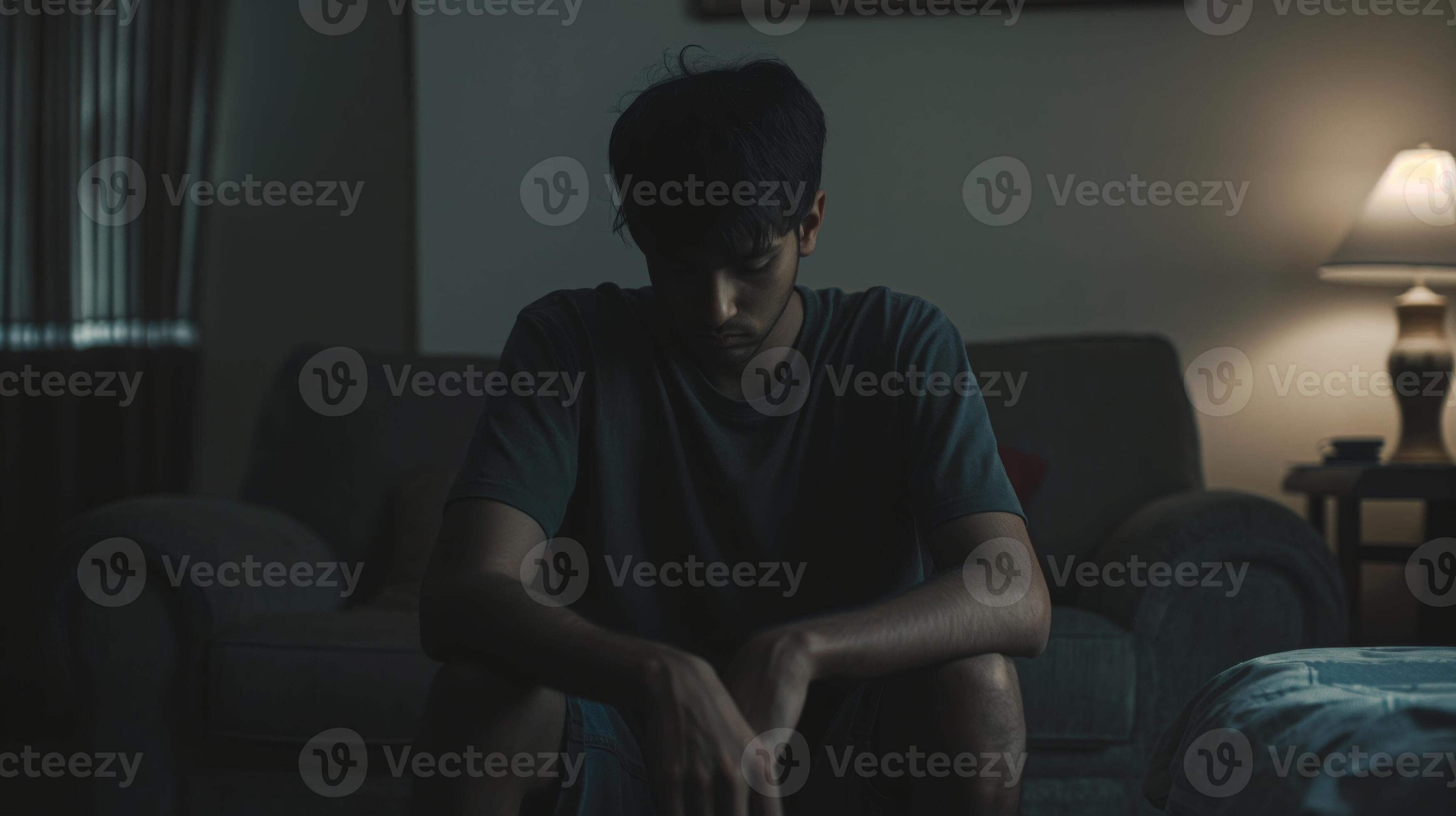 Solitude And Reflection Young South Asian Man Sitting Alone In Dimly