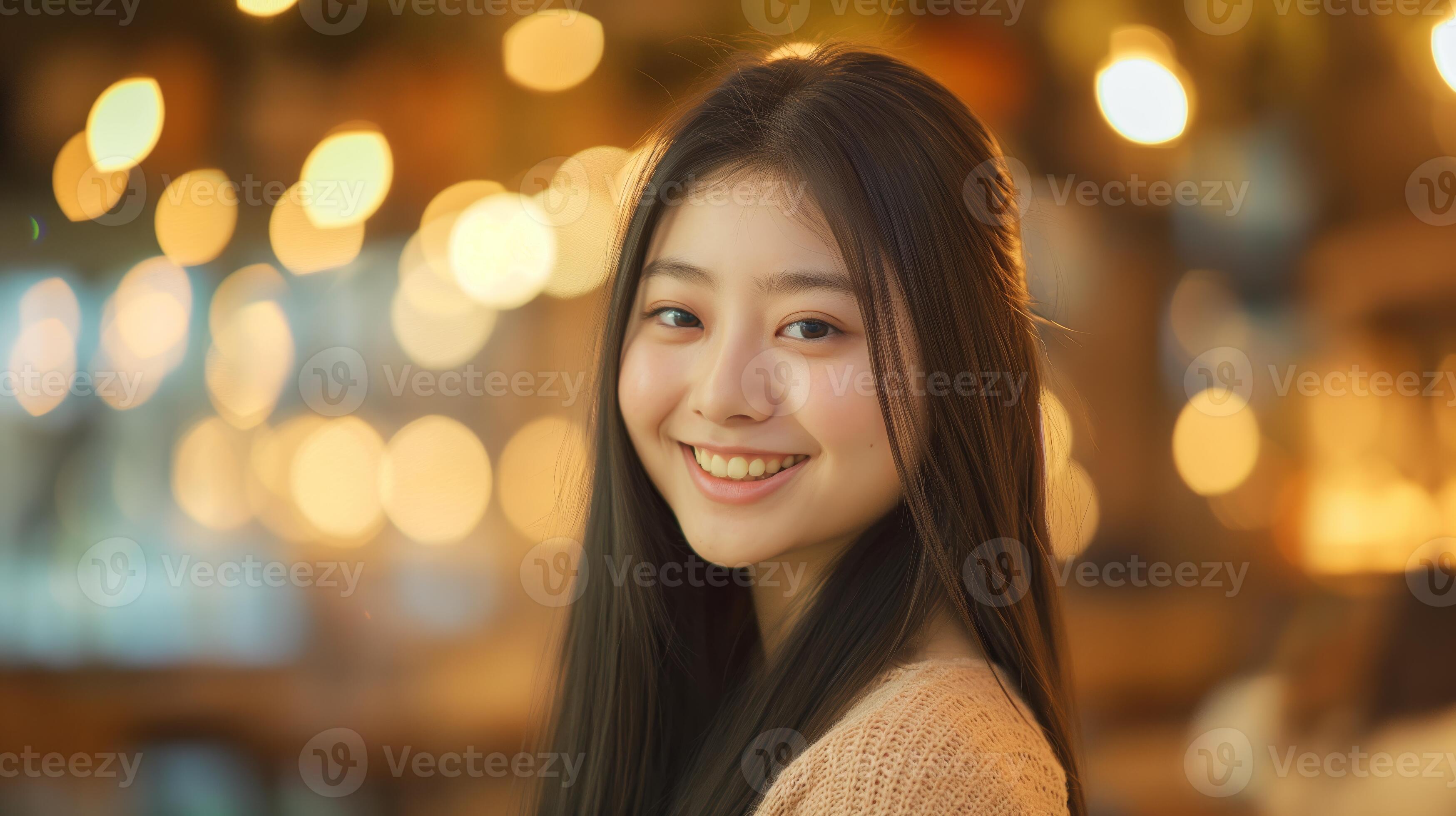 Smiling East Asian Teenage Girl in Warm Ambient Lighting for Social ...