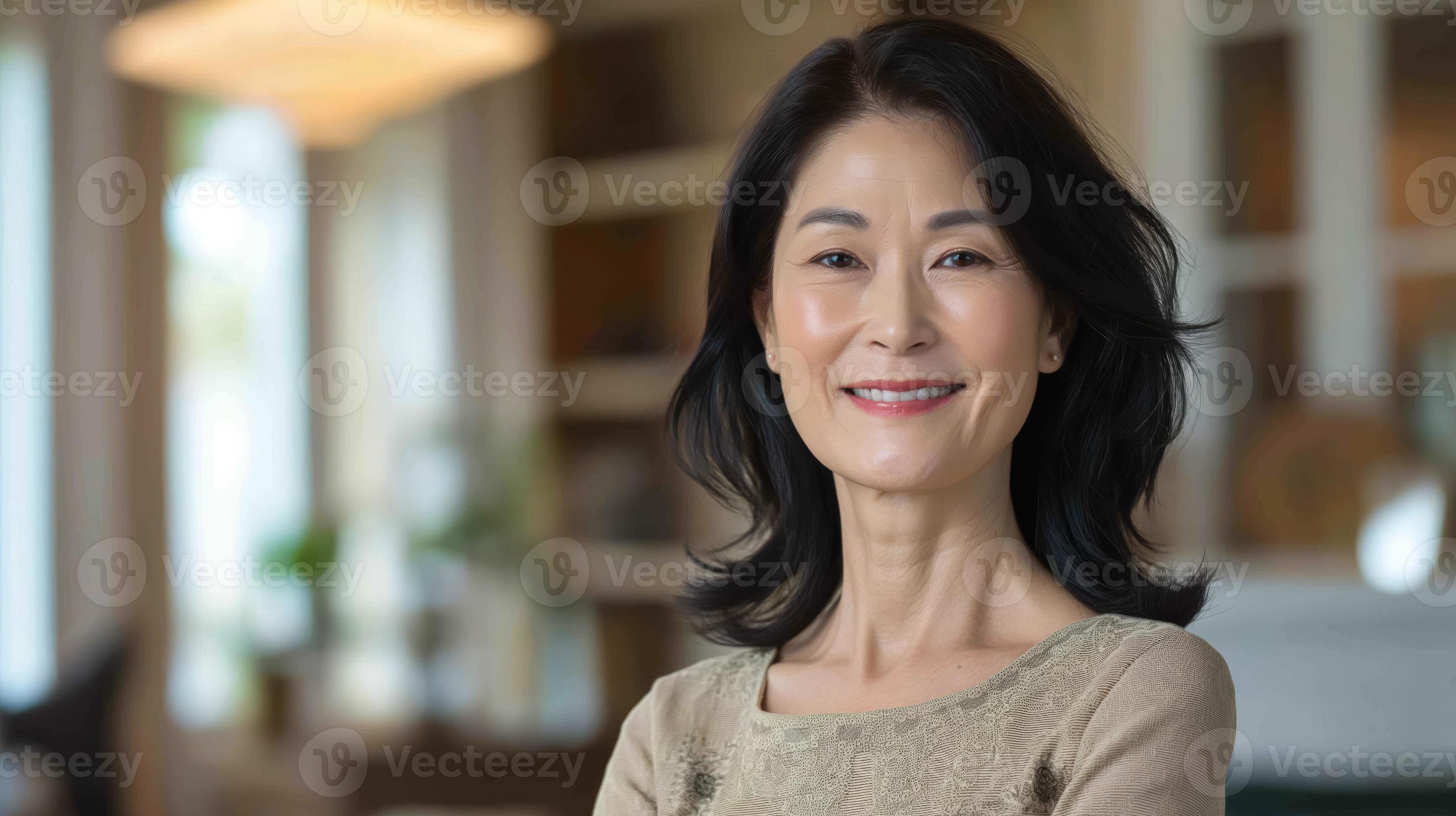 Elegant Portrait of Smiling MiddleAged Korean Woman Indoors for Social Media Profile ...