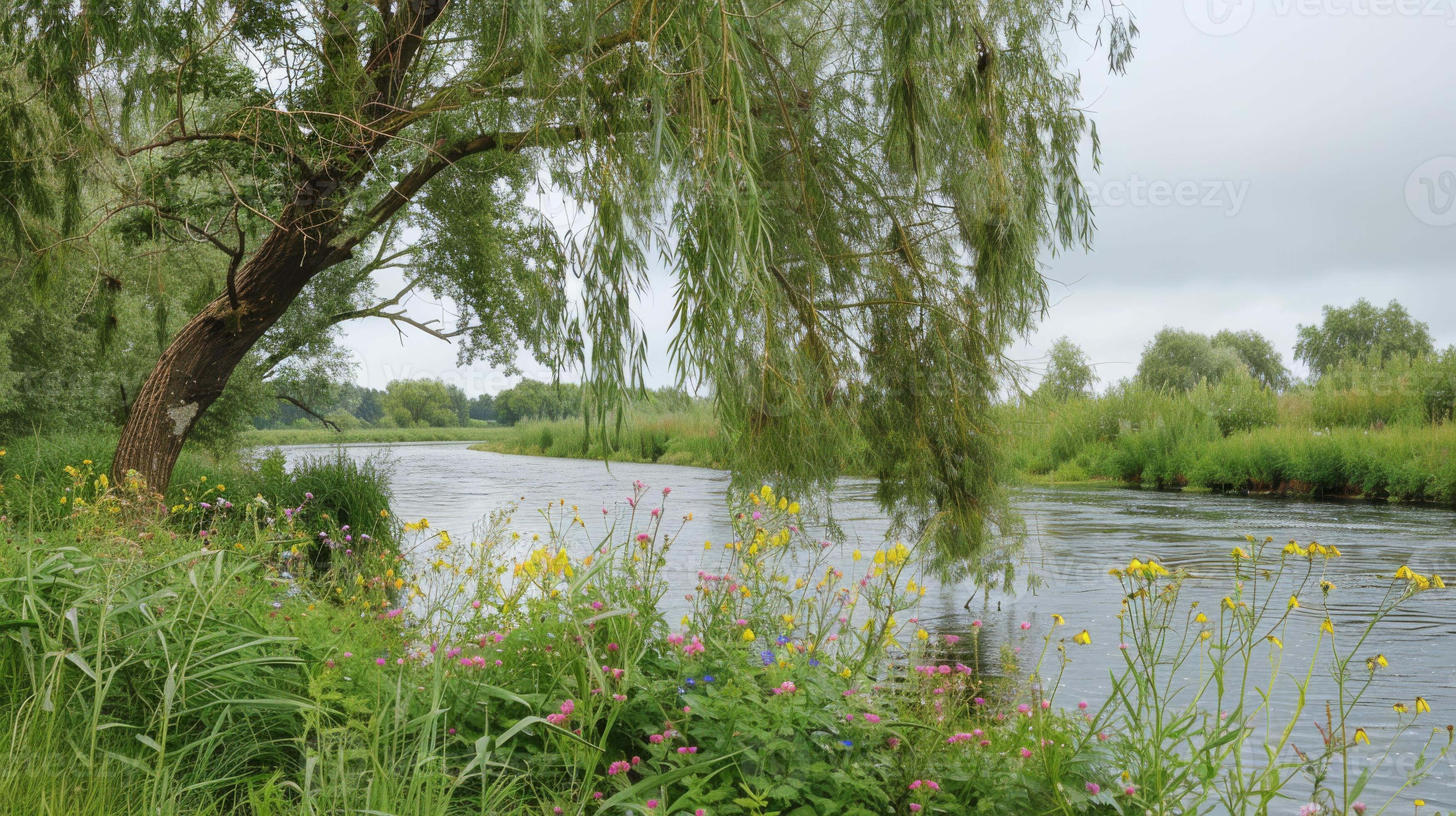 Serene Riverside Willow Tree and Wildflowers Landscape for Nature and Outdoor Design Print, Card ...
