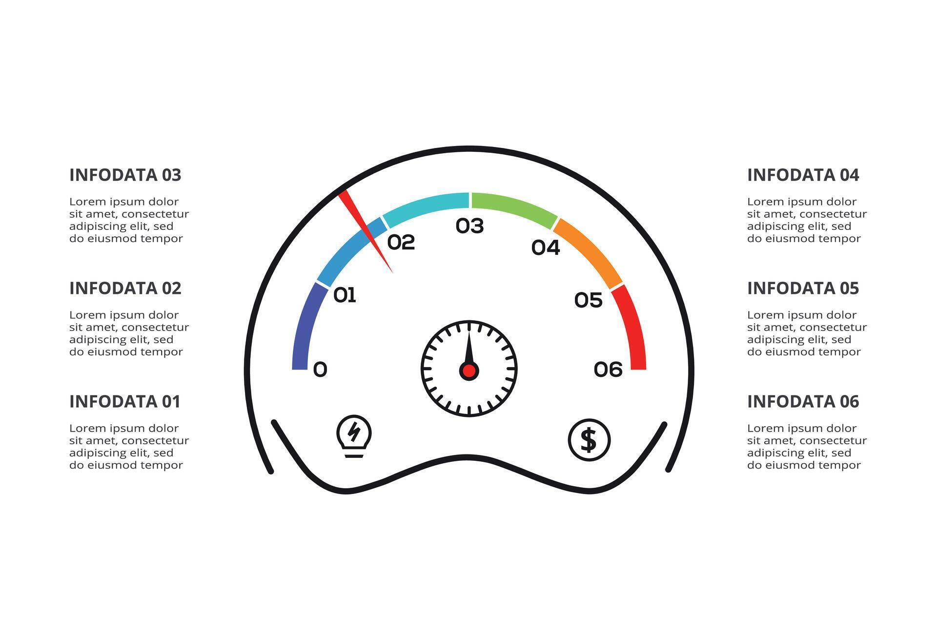 Speedometer infographic with 6 elements template for web, business ...