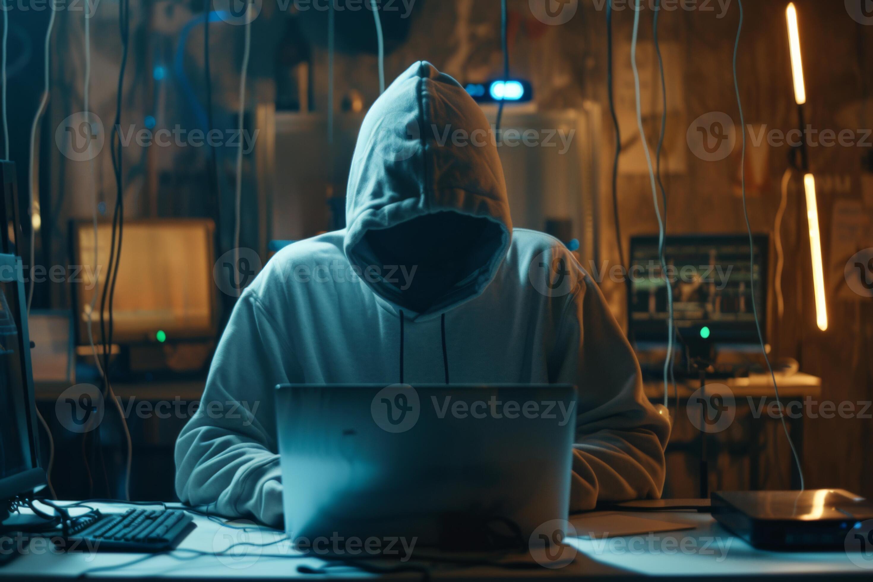 Hacker In Hood Hacking At Computer In Dark Room Computer Criminal Uses Malware To Hack Devices