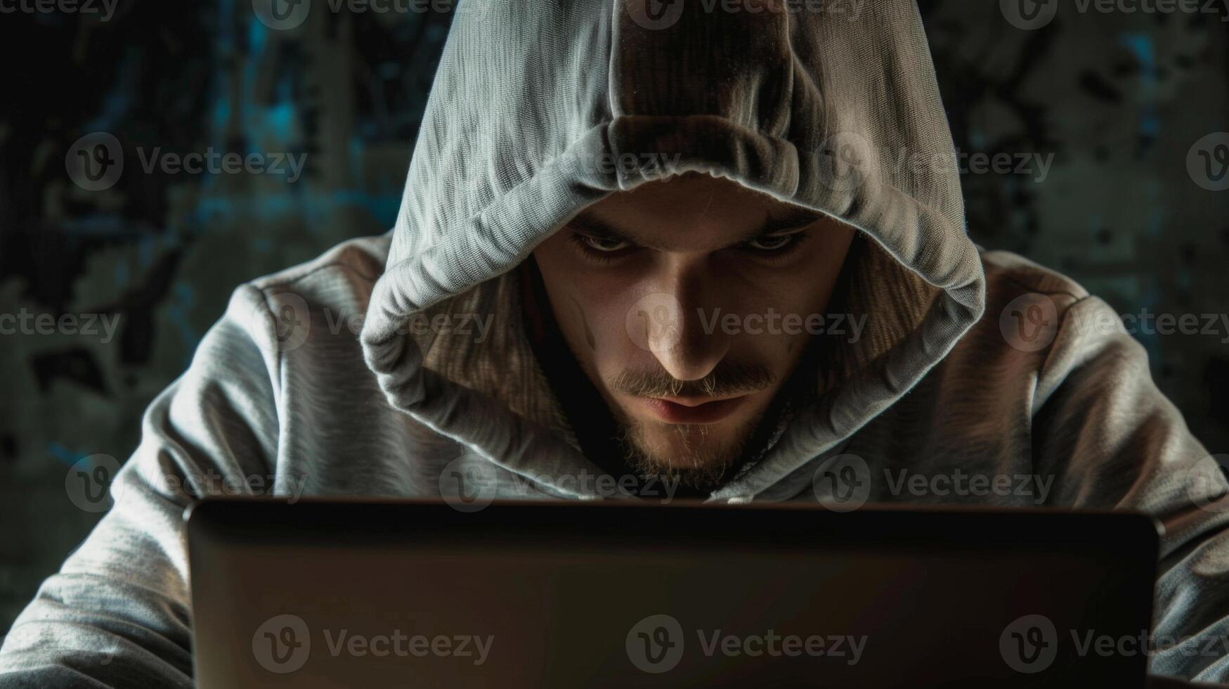 Hacker coding virus ransomware using laptop. Cyber attack, system breaking and malware concept ...