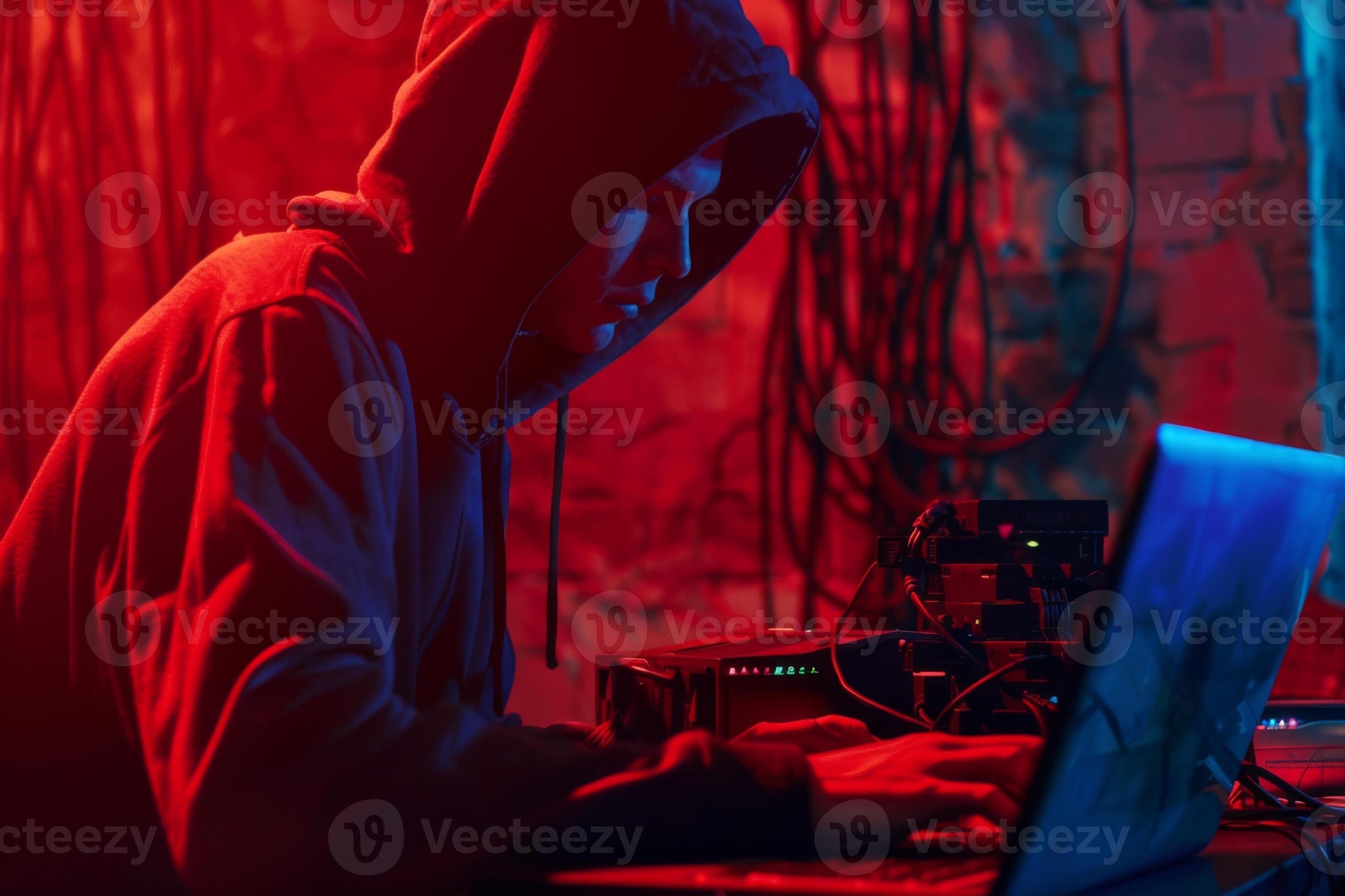 Hacker In Hood Hacking At Computer In Dark Room Computer Criminal Uses Malware To Hack Devices