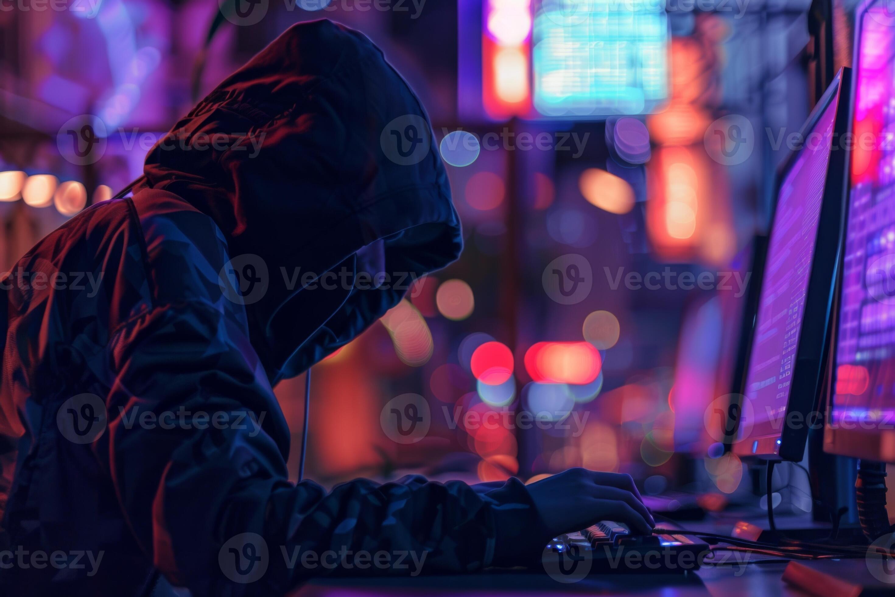 Hacker In Hood Hacking At Computer In Dark Room Computer Criminal Uses Malware To Hack Devices