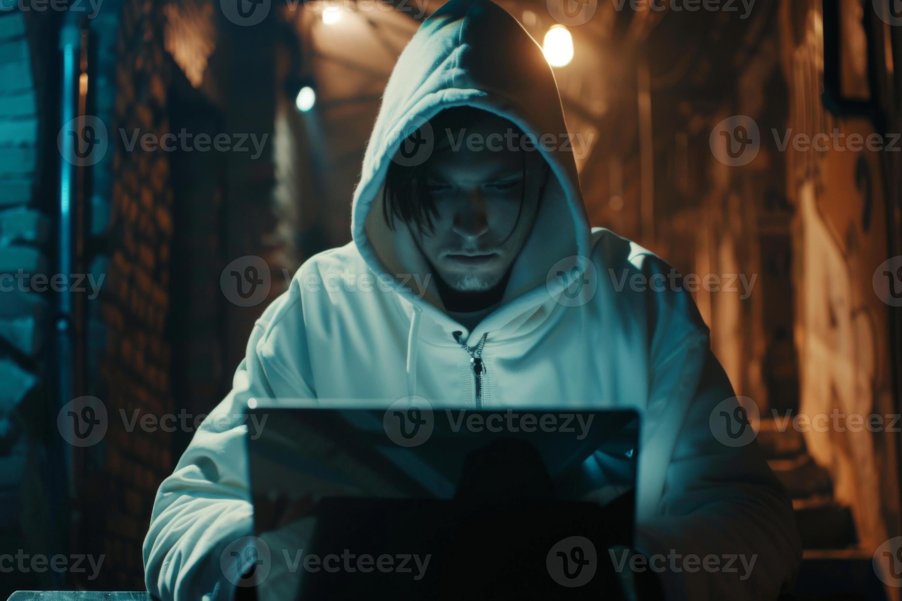 Hacker In Hood Hacking At Computer In Dark Room Computer Criminal Uses Malware To Hack Devices