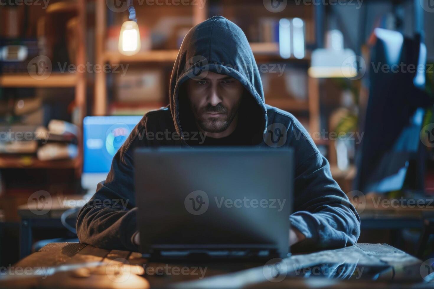 Hacker in hood hacking at computer in dark room. Computer criminal uses ...
