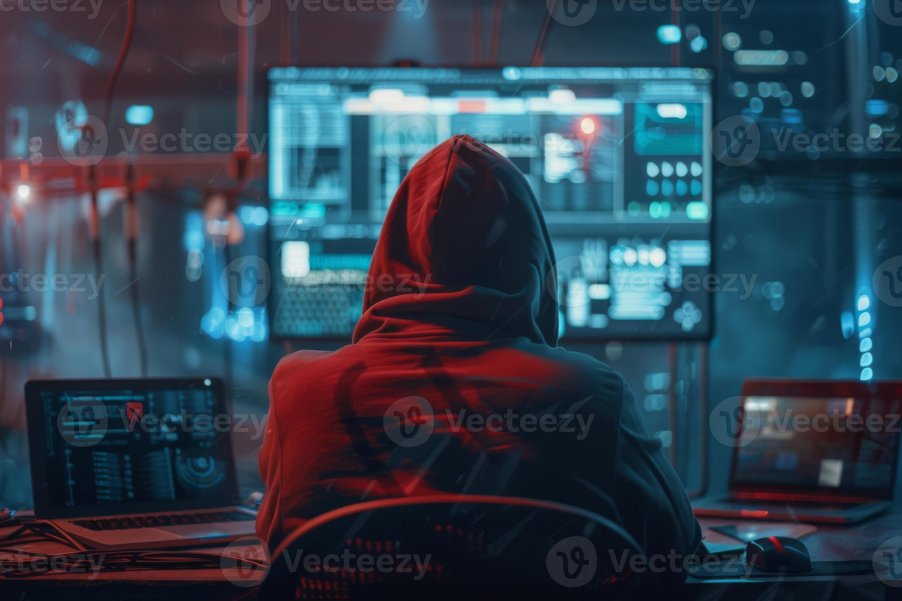 Hacker in hood hacking at computer in dark room. Computer criminal uses malware to hack devices ...