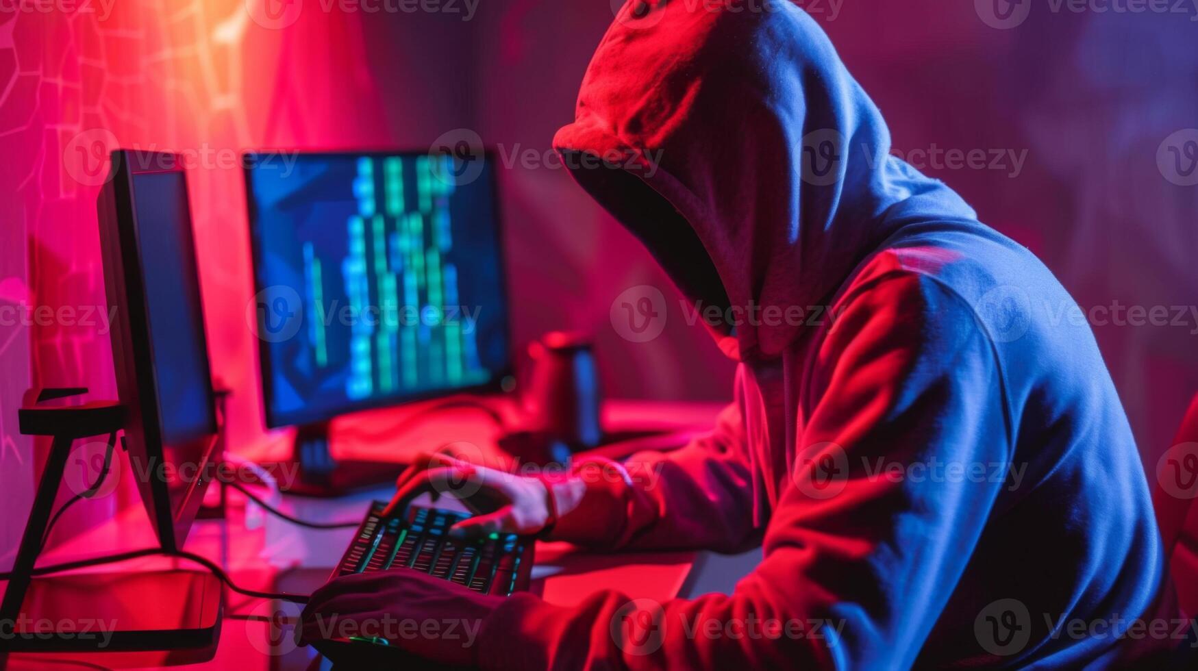 Hacker coding virus ransomware using computers. Cyber attack, system breaking and malware ...