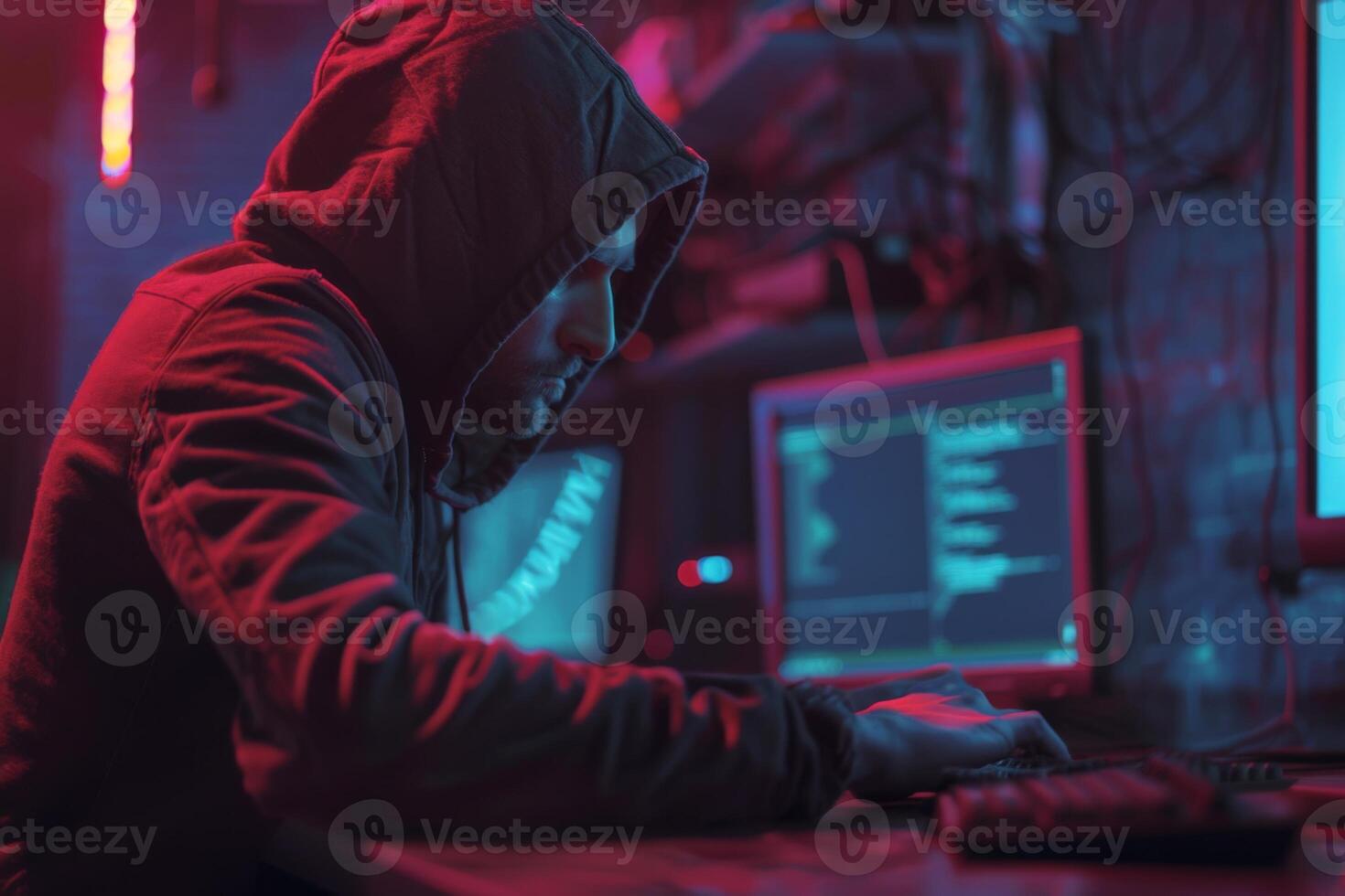 Hacker in hood hacking at computer in dark room. Computer criminal uses ...