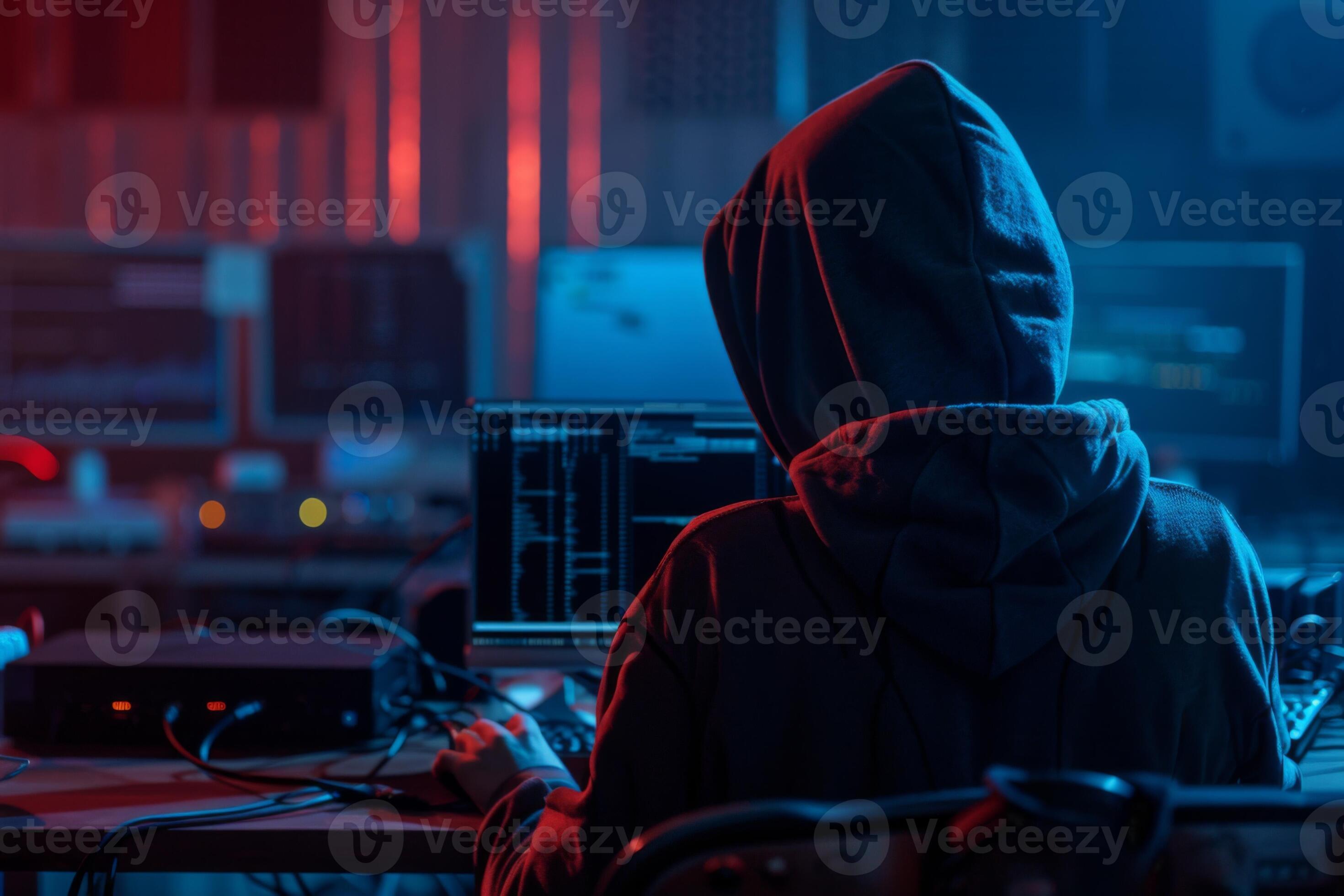Hacker In Hood Hacking At Computer In Dark Room Computer Criminal Uses Malware To Hack Devices