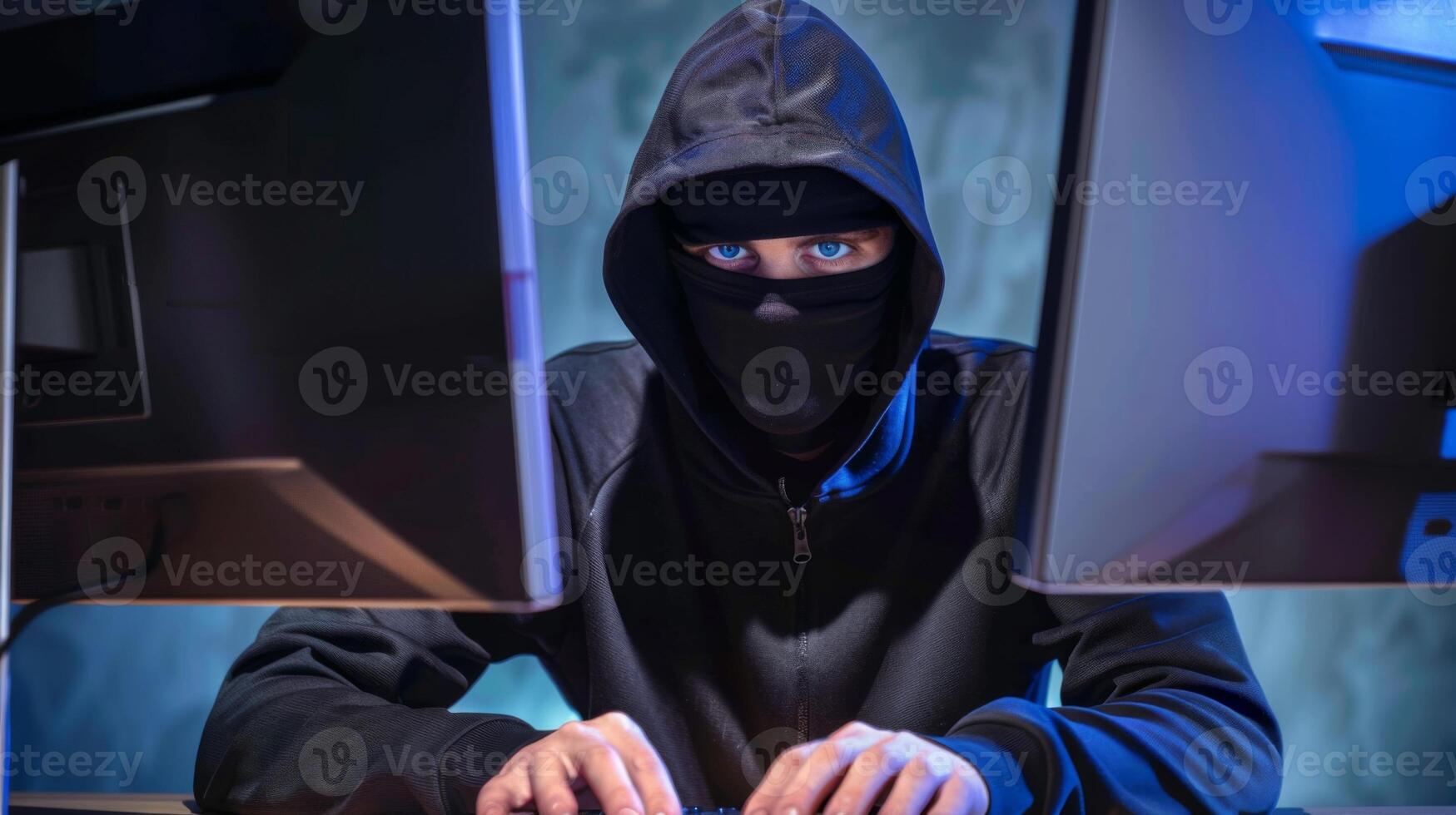 Hacker coding virus ransomware using computers. Cyber attack, system breaking and malware ...