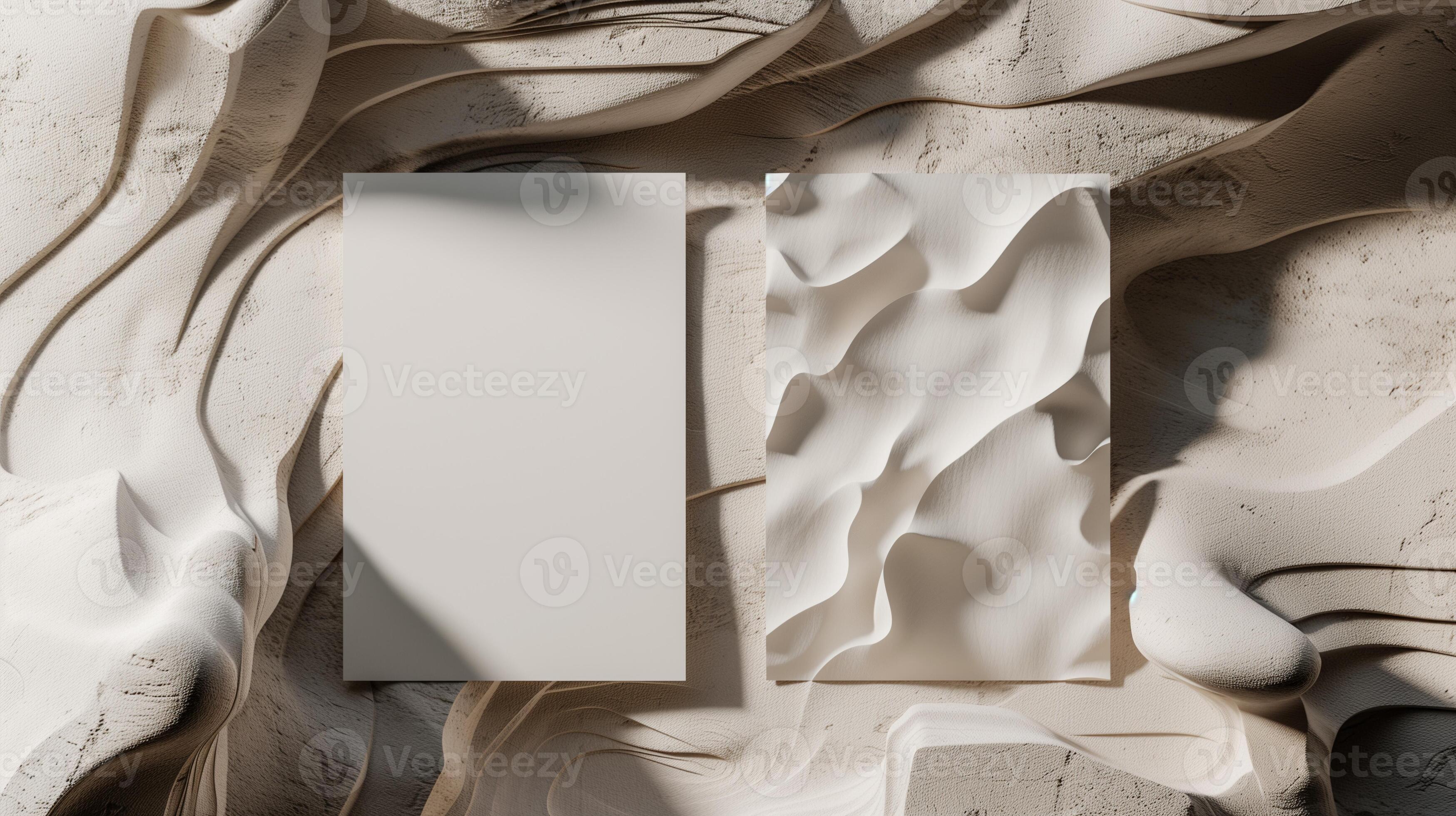 Two blank cards mockup against textured backdrop with flowing wavy lines. Smooth surfaces ...