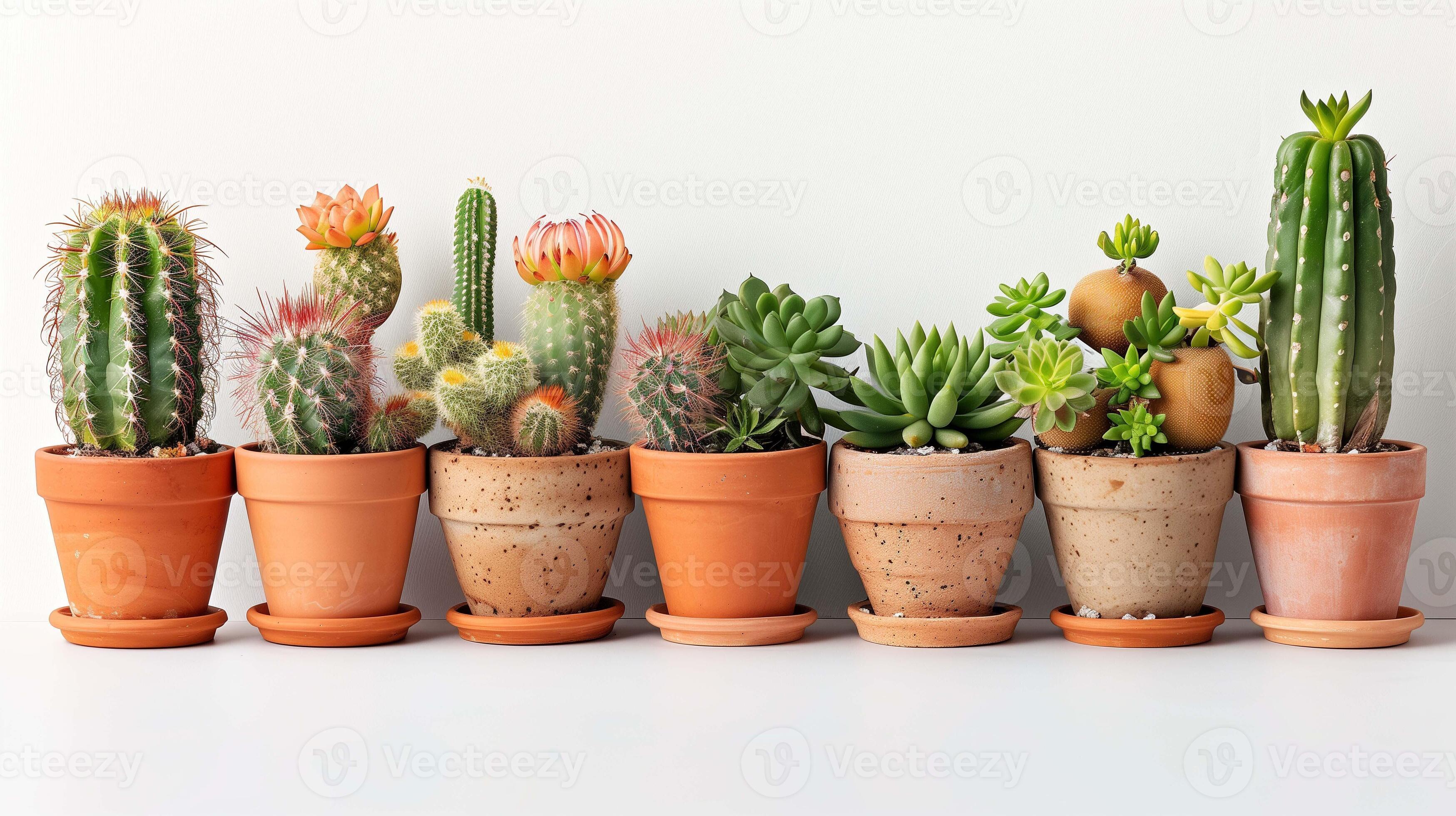 Succulents and blooming cacti in clay post row photo. Exotic plants on houseplant shop display ...