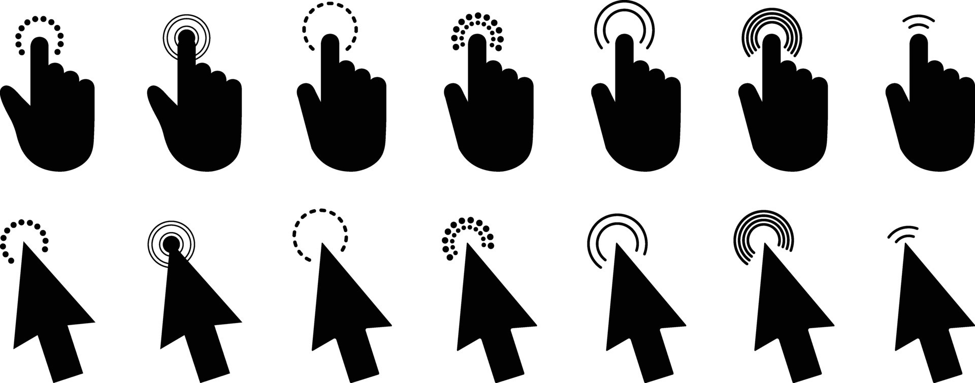 Black arrows and hands cursors symbol. Pointing hand clicks and clicking cursor, Website arrows ...
