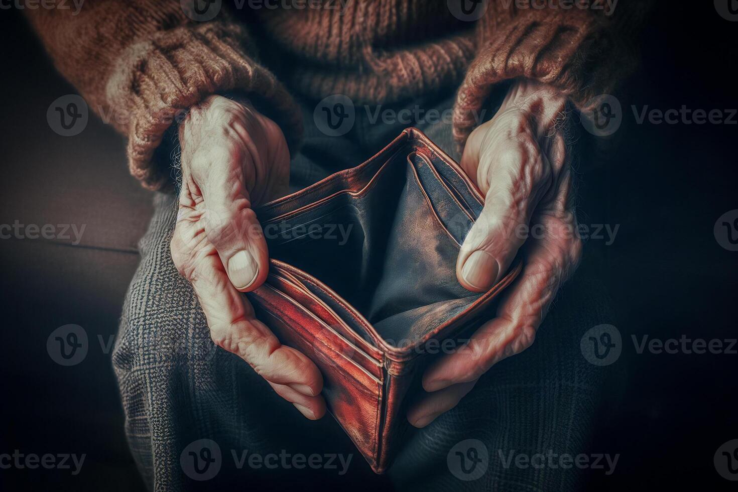 Closeup aged hands holding empty, worn-out leather wallet, aging ... Closeup aged hands holding empty, worn-out leather wallet, aging ...