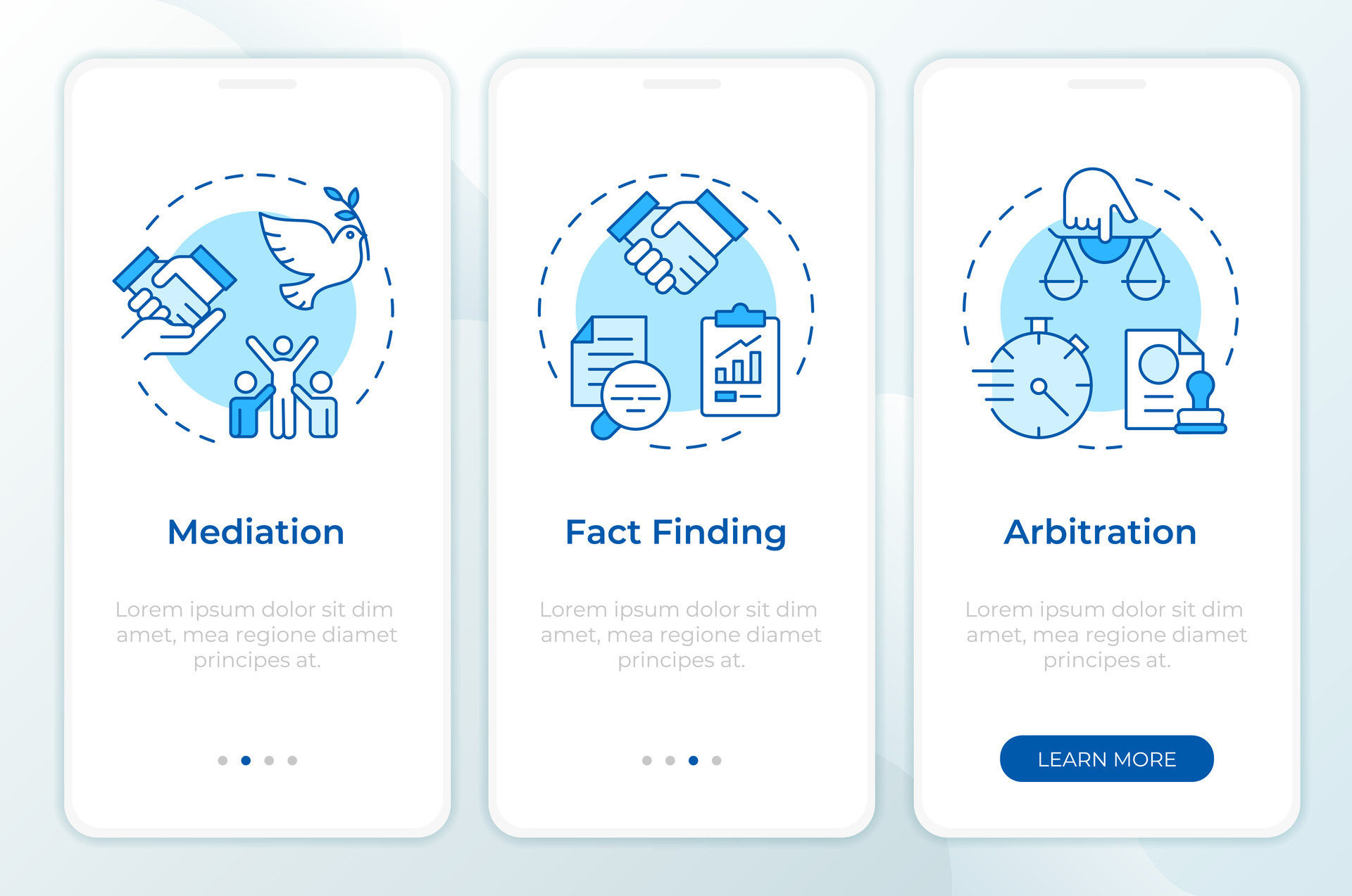 Bargaining Impasses Resolving Blue Onboarding Mobile App Screen Walkthrough 3 Steps Editable