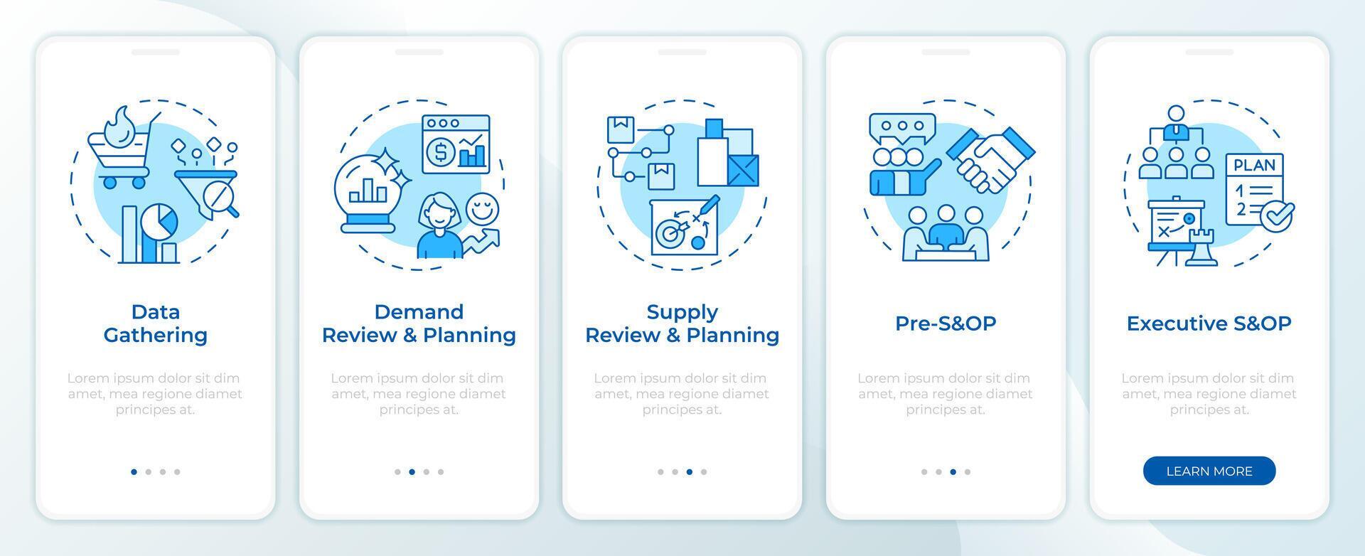 Cycle of SOP process blue onboarding mobile app screen. Walkthrough 5 steps editable graphic ...