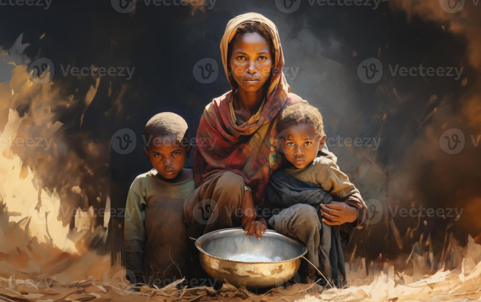 African-American Mother Nourishes Her Hungry Children.Generated image ... African-American Mother Nourishes Her Hungry Children.Generated image ...