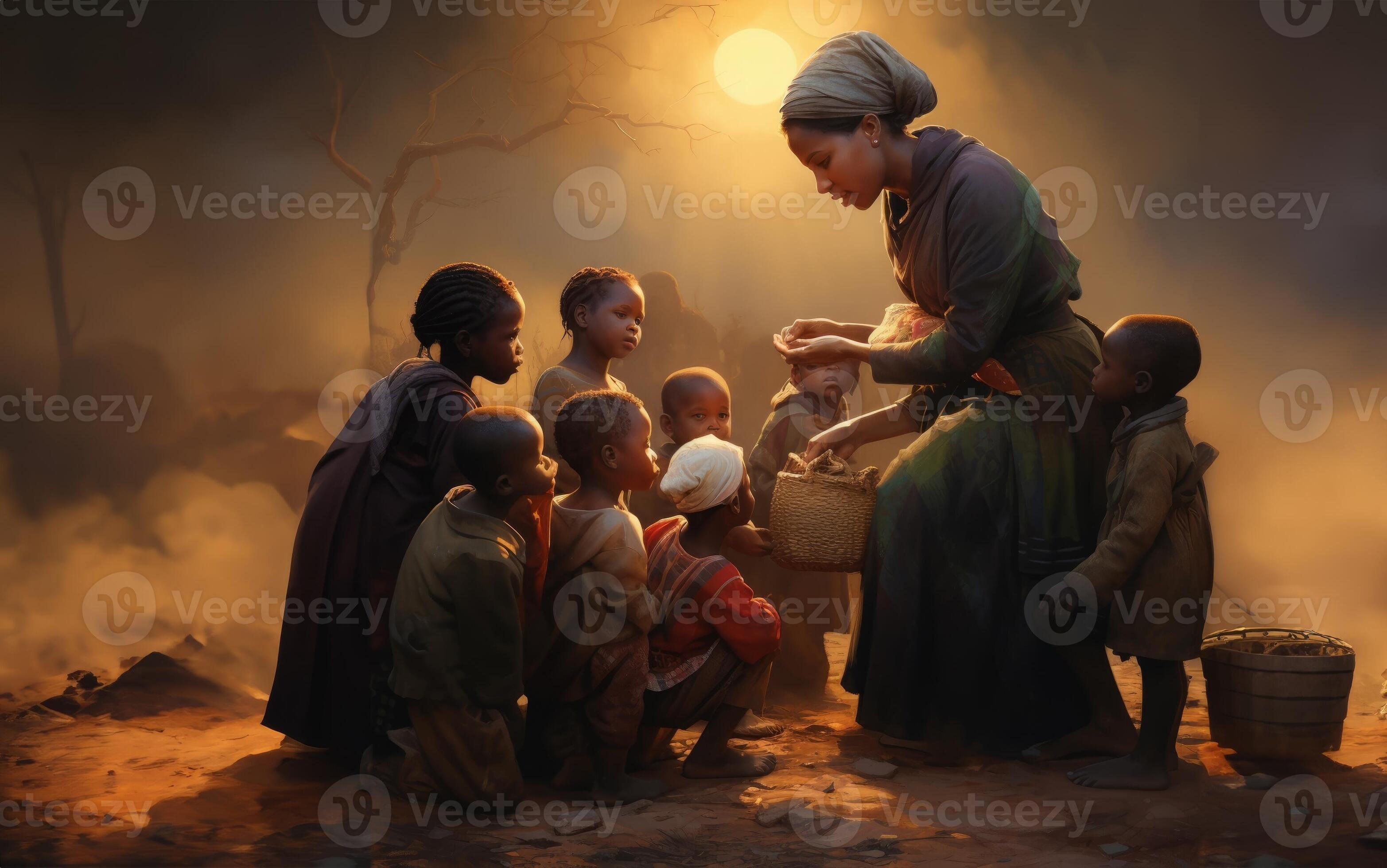African-American Mother Nourishes Her Hungry Children.Generated image ... African-American Mother Nourishes Her Hungry Children.Generated image ...