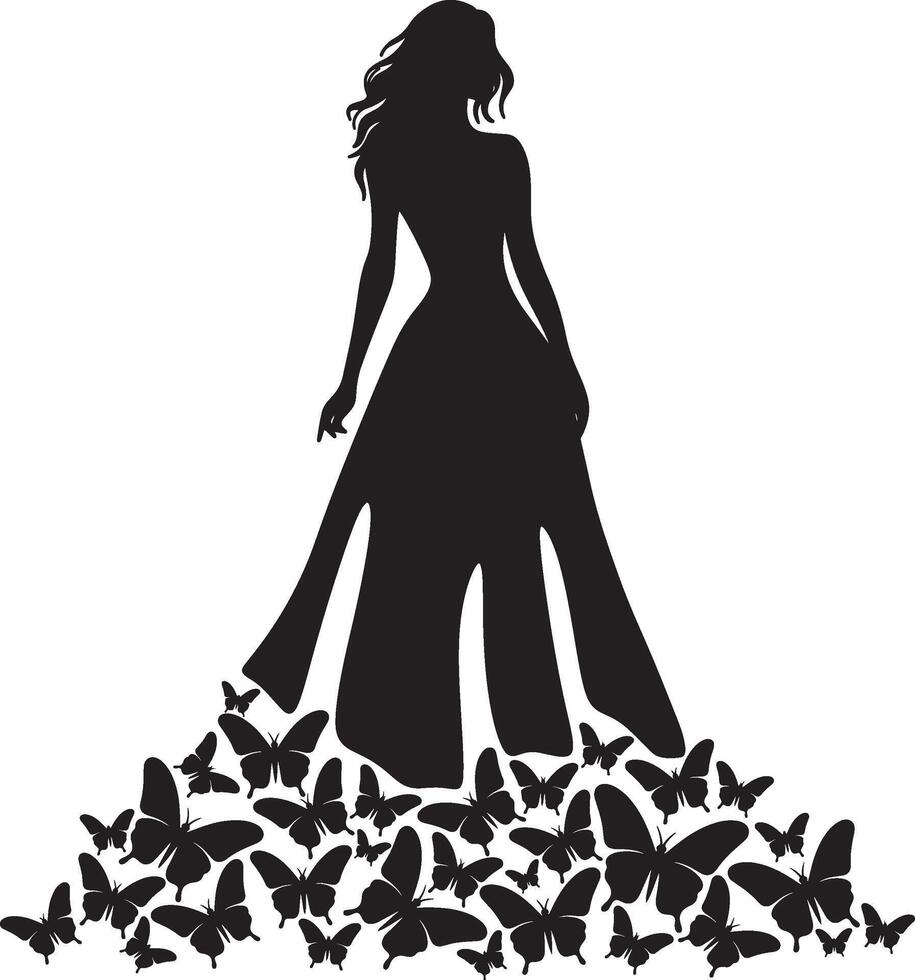 Caprichoso Mujer En Un Mariposa Vestido Silueta Línea Arte Conjunto Capturar El Gracia Y Belleza