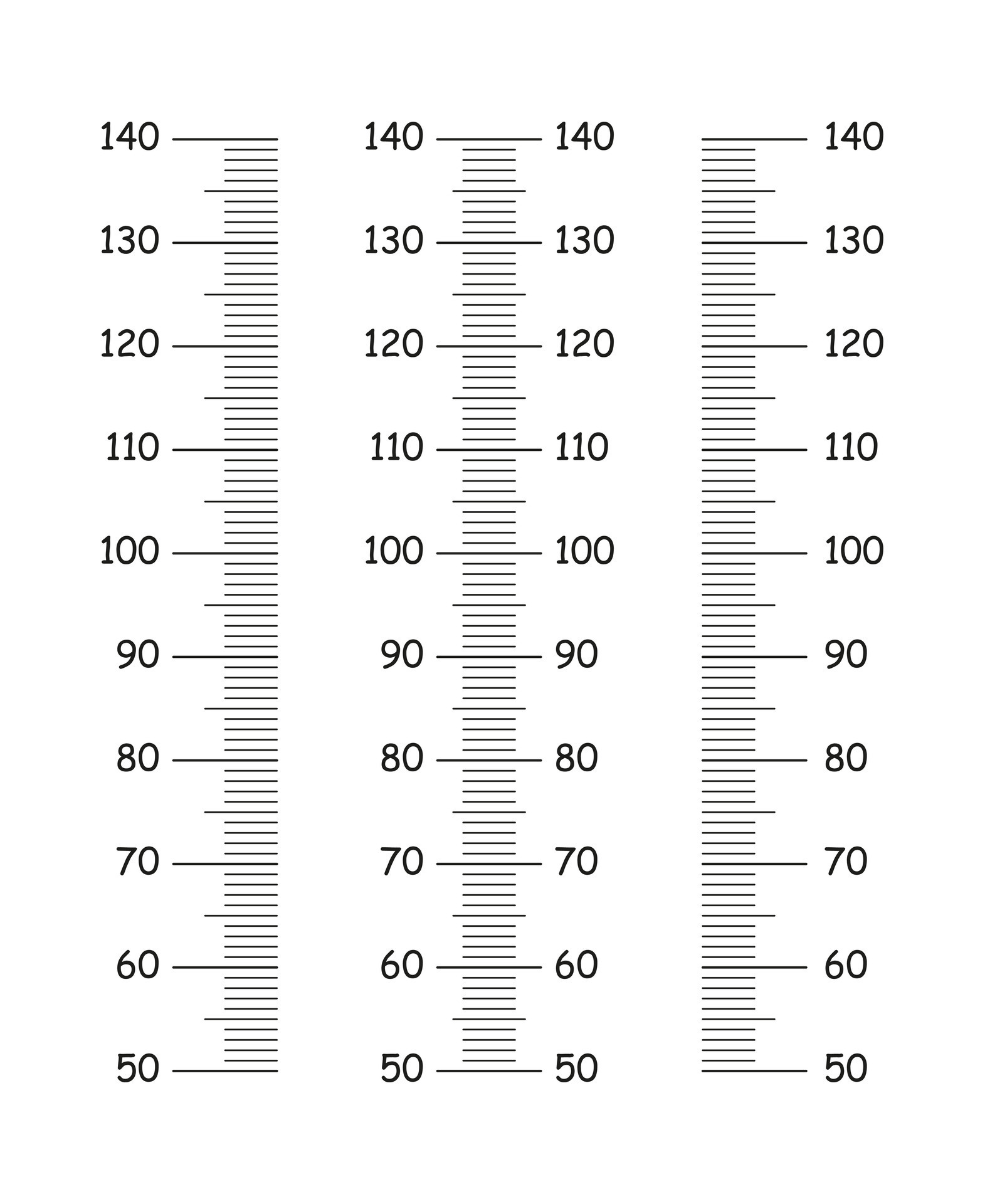 Kids height chart from 50 to 140 centimeters set. Template for wall growth sticker isolated on a ...