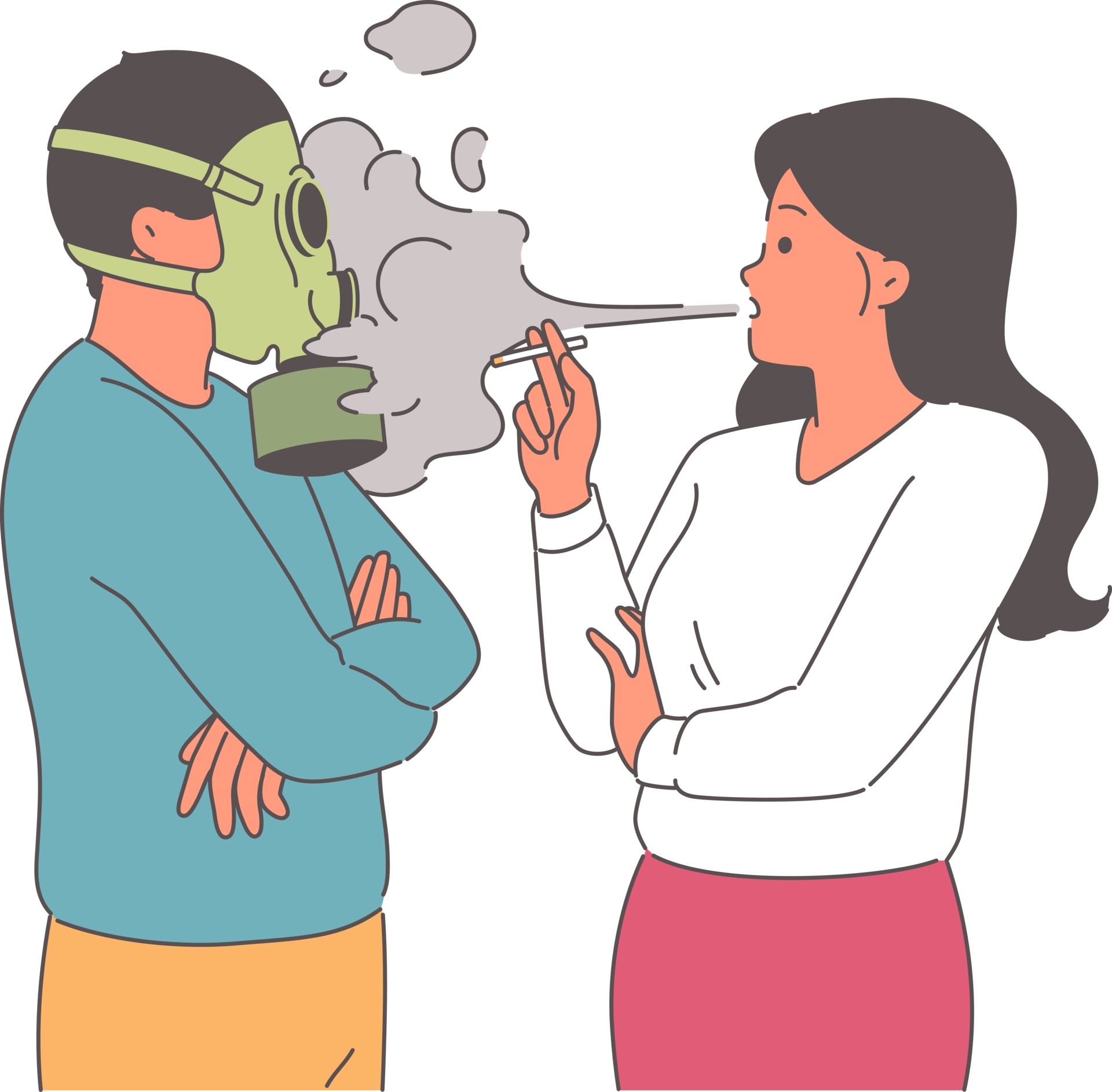 Problem of passive smoking causes discomfort for man using gas mask, standing next to woman with ...