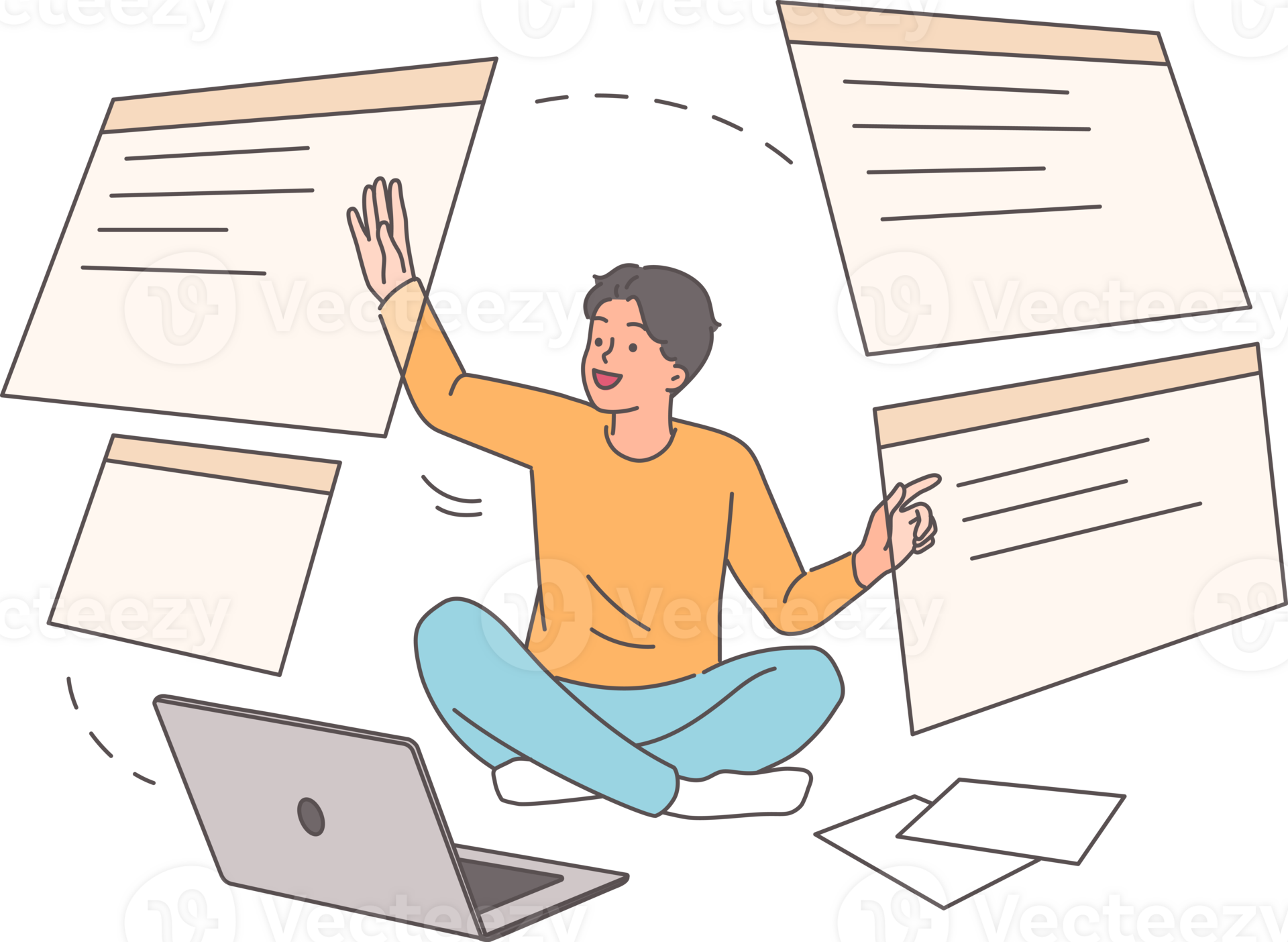 Man Programmer Or Designer Develops Ui And Ux Design Using Virtual Screens Sitting On Floor