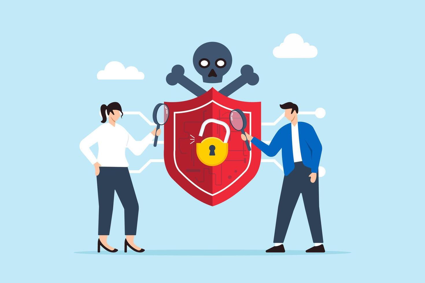 Flat illustration of two people analyzing cybersecurity threats examine ...