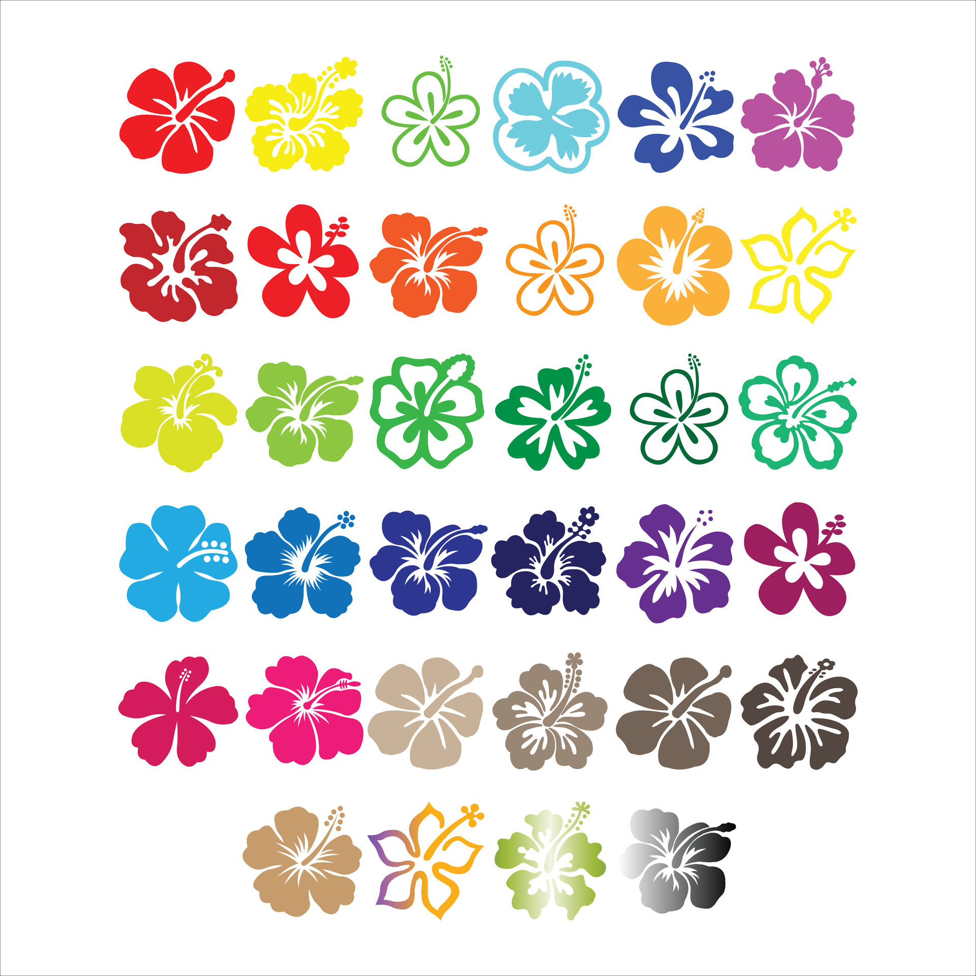 Tropical Exotic Hibiscus Flowers Set Tattoo Silhouette Drawing