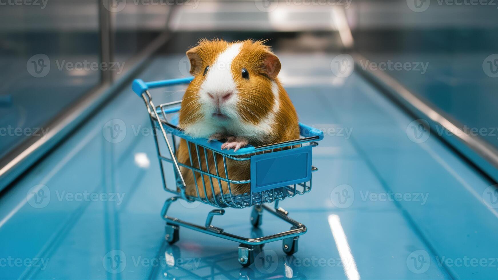 A guinea pig sitting in a shopping cart on an escalator, AI 48047143 ...