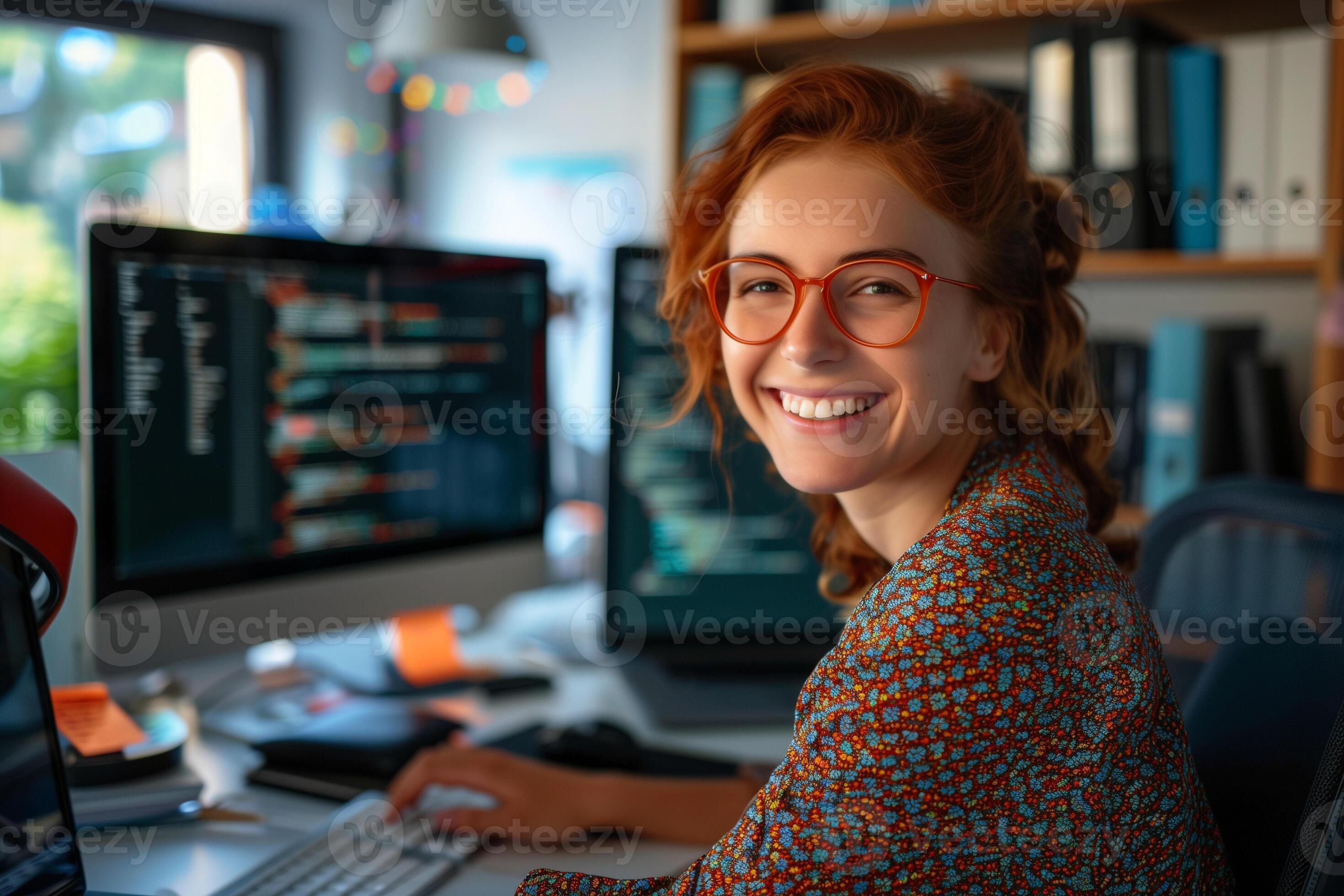 Smiling female programmer coding on desktop PC. Software Engineer woman working in office ...