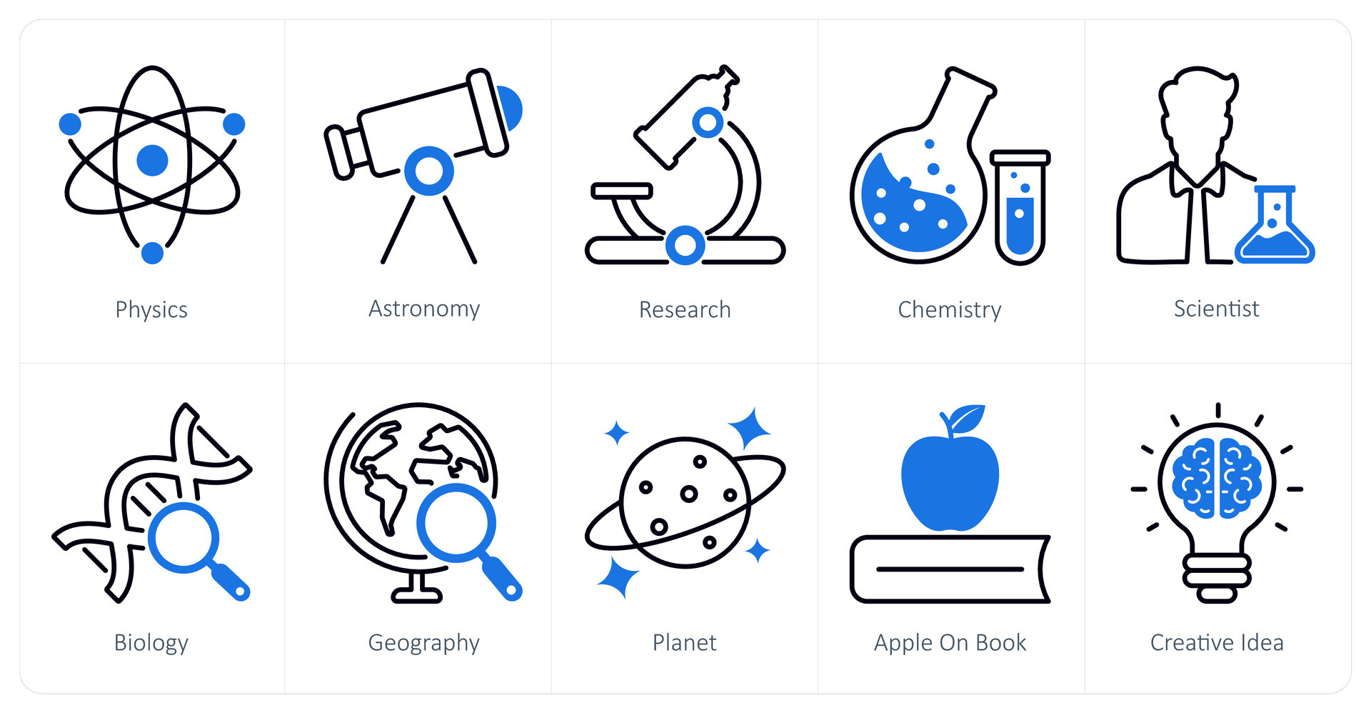 A set of 10 School and Education icons as physics, astronomy, research ...