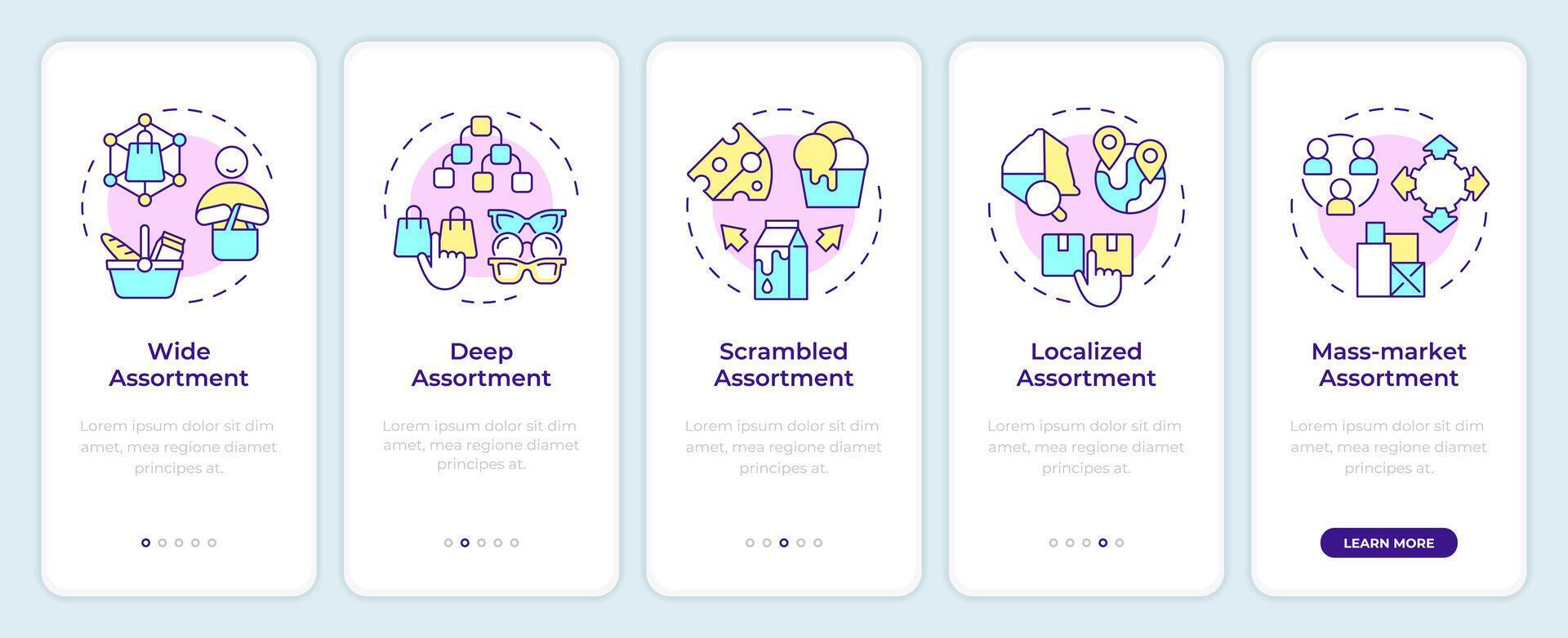 Assortment planning models onboarding mobile app screen. Walkthrough 5 ...