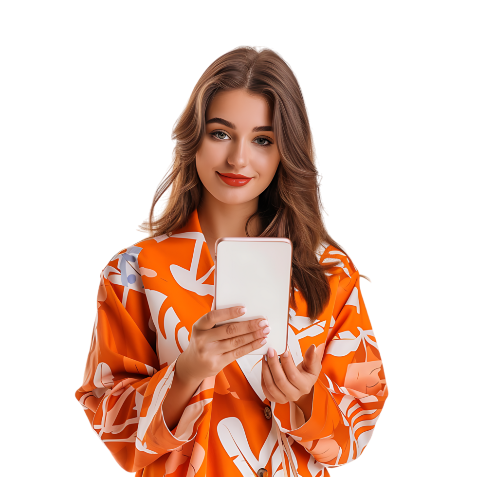 Portrait Of Young Lady Hold Gadget Point Empty Space Dressed Stylish