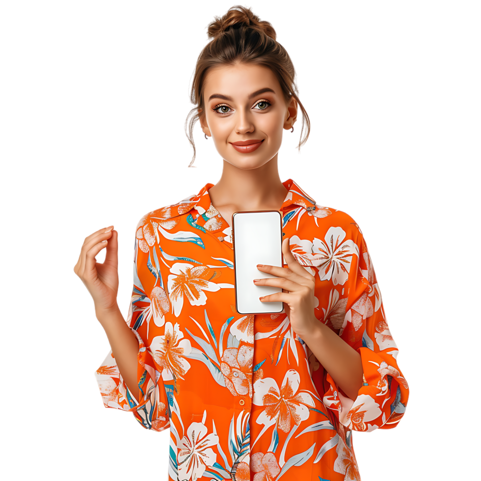 Portrait Of Young Lady Hold Gadget Point Empty Space Dressed Stylish