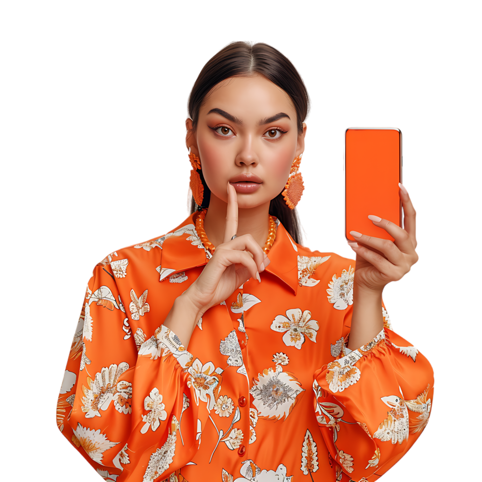 Portrait Of Young Lady Hold Gadget Point Empty Space Dressed Stylish
