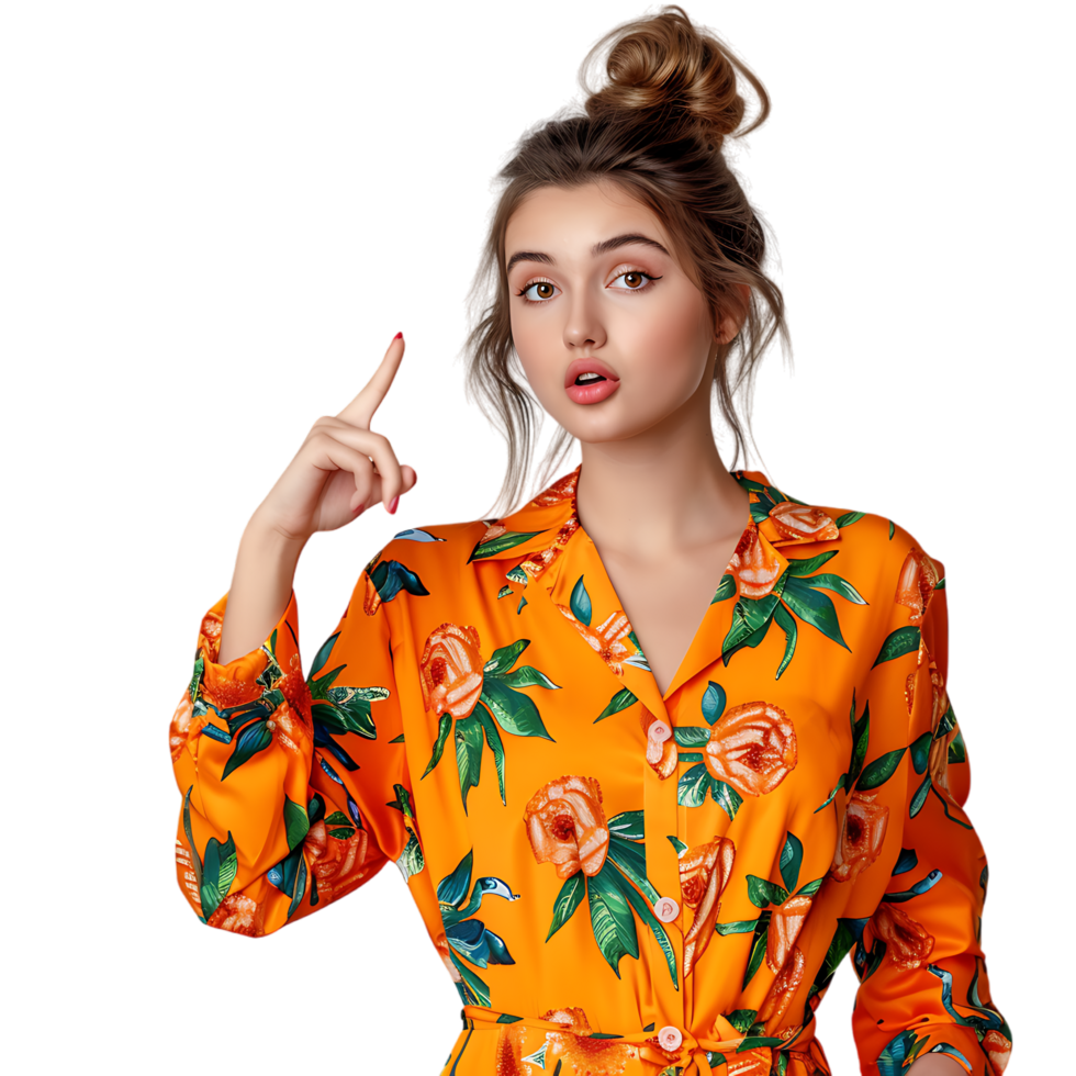 Portrait Of Young Lady Hold Gadget Point Empty Space Dressed Stylish
