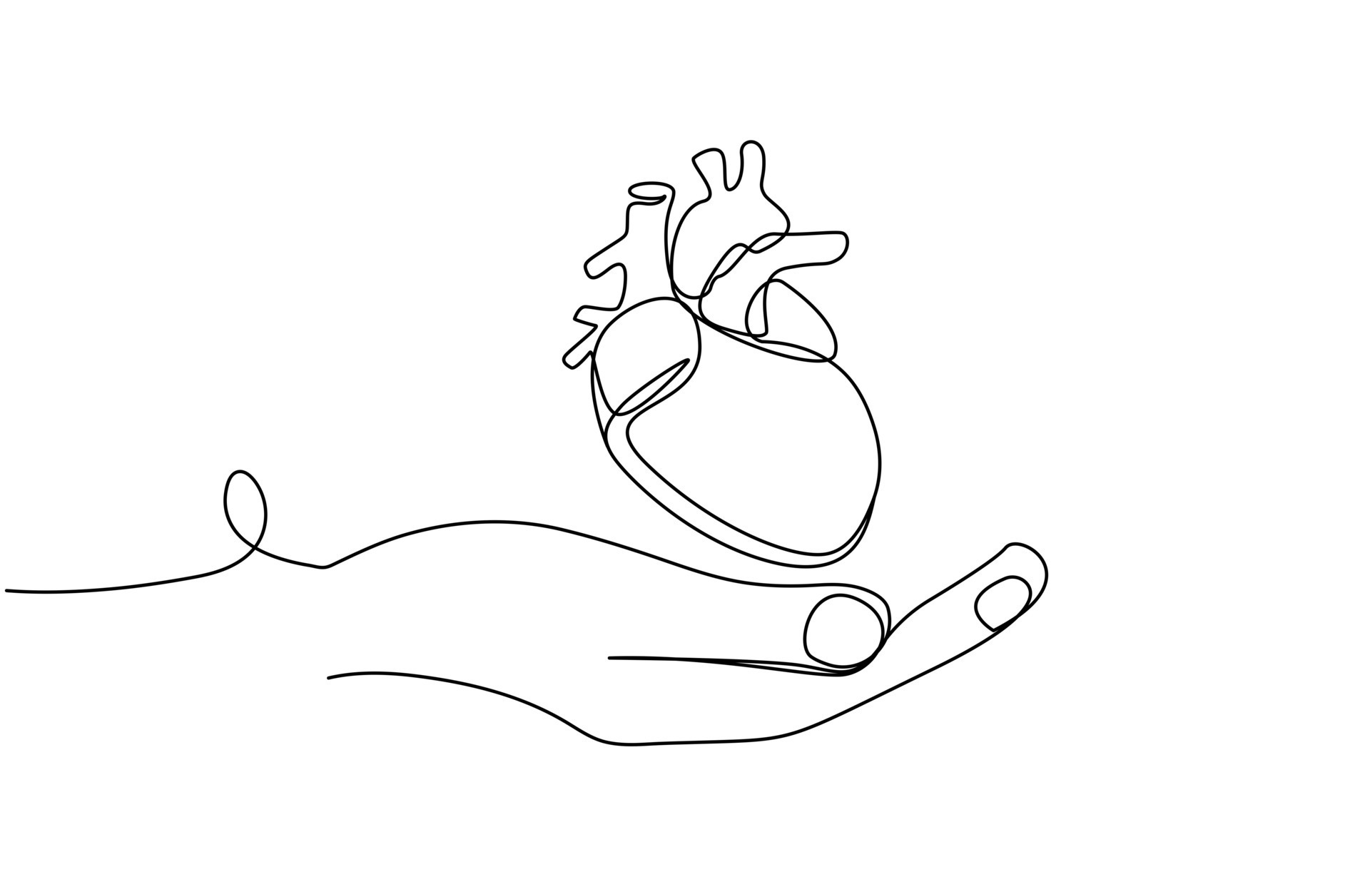 Single Continuous Line Art Anatomical Human Heart With Hand Silhouette