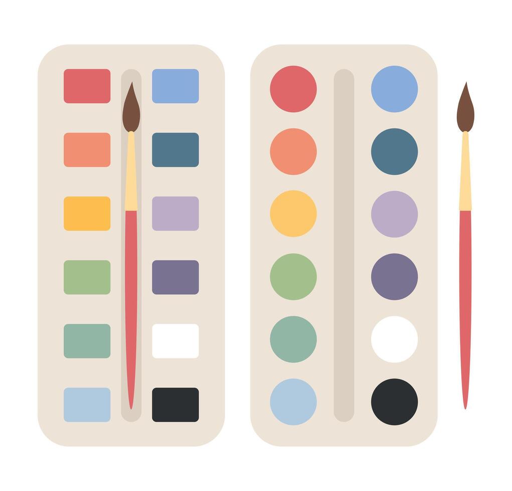 Bright paints in box with paint brush. Color palette. Painting tools ...