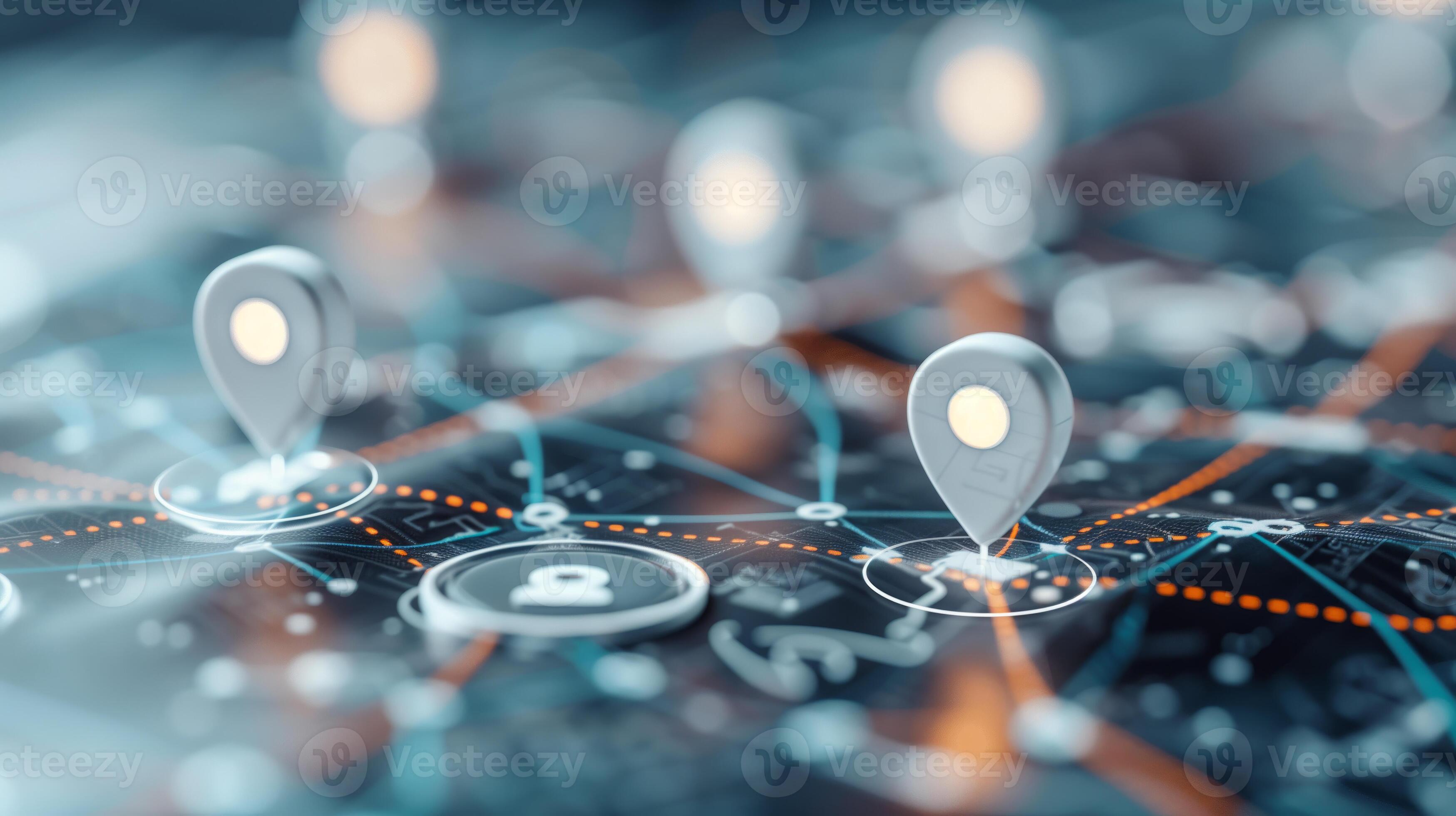 Close-up of a digital map with location markers and connectivity lines ...