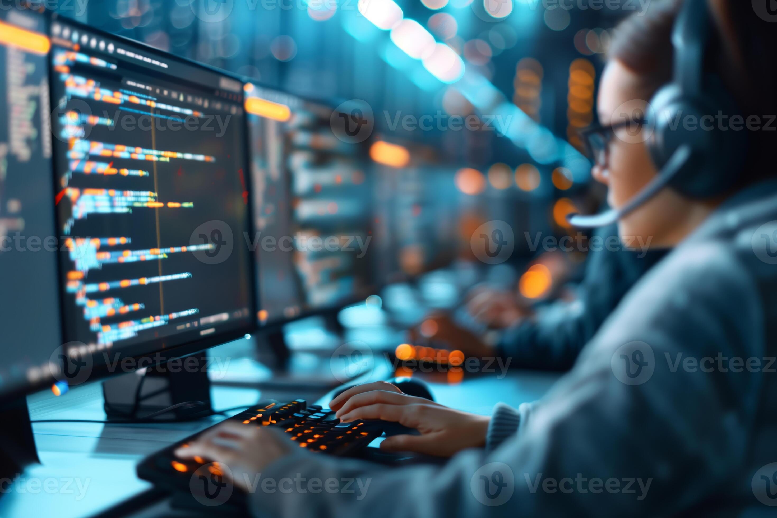 Focused Programmer With Headset Working Late Coding On Multiple Monitors In A Modern Tech